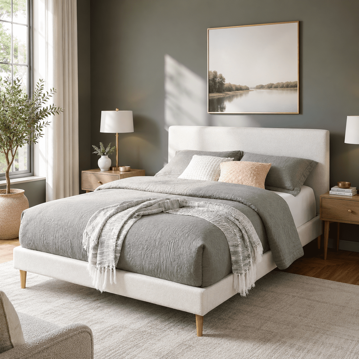 Gewnee King Size Platform Bed Frame, Teddy Velvet Upholstered Headboard ...
