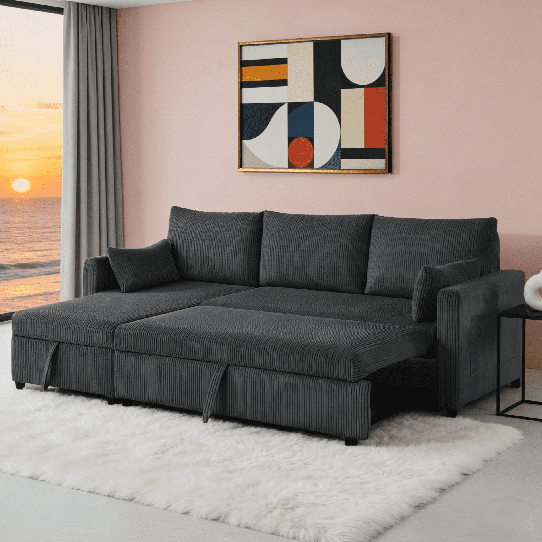 Gewnee L-Shaped Corduroy Convertible Sleeper Sofa Bed with Storage ...