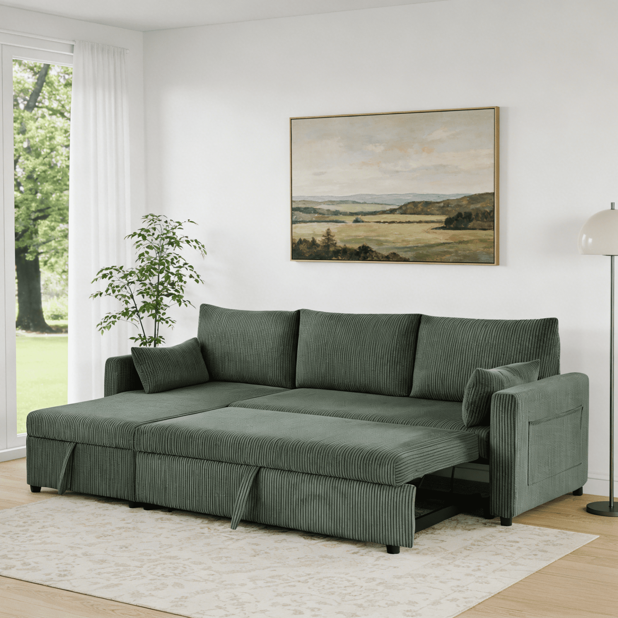 Gewnee L-Shaped Corduroy Convertible Sleeper Sofa Bed with Storage ...