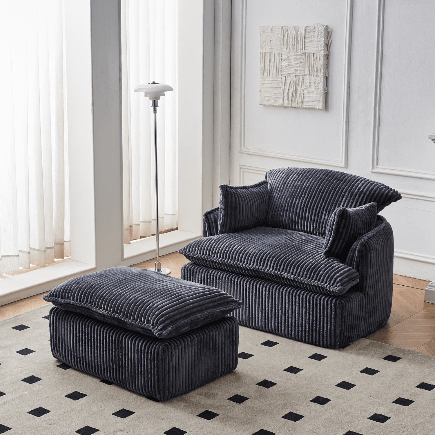 Convertible Compressed Sofa Chair with Ottoman, Modern Corduroy Fabric ...