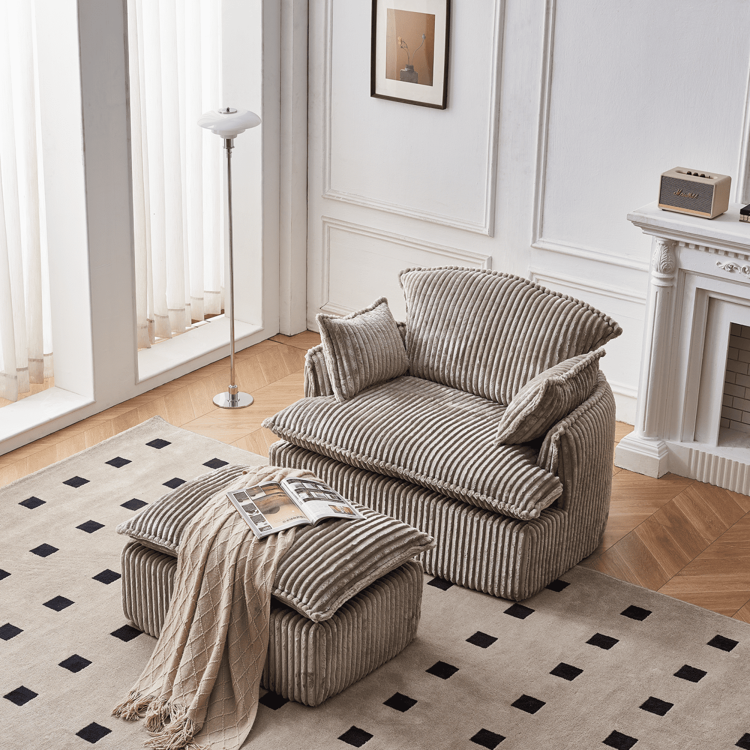 Gewnee Convertible Corduroy Armchair with Ottoman - Modern Compressed ...