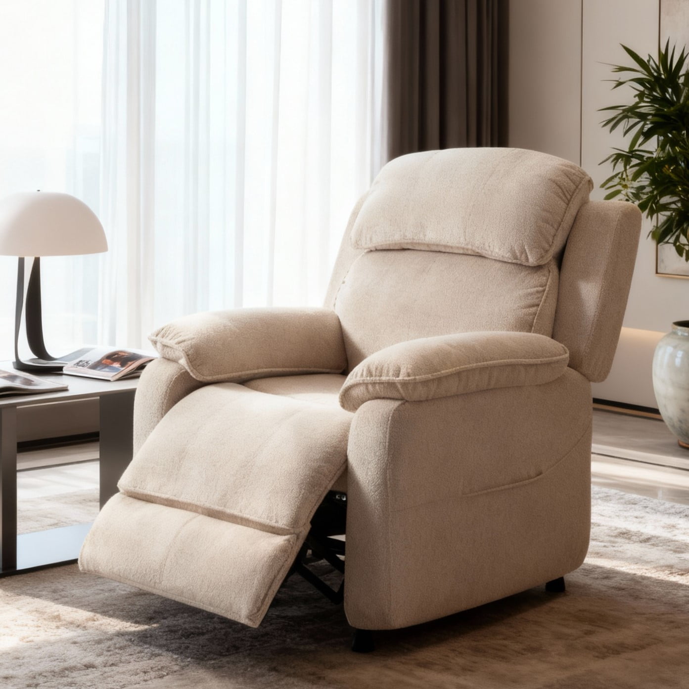 Gewnee Light Khaki 34.84" Power Recliner, Solid Wood Frame Chenille ...