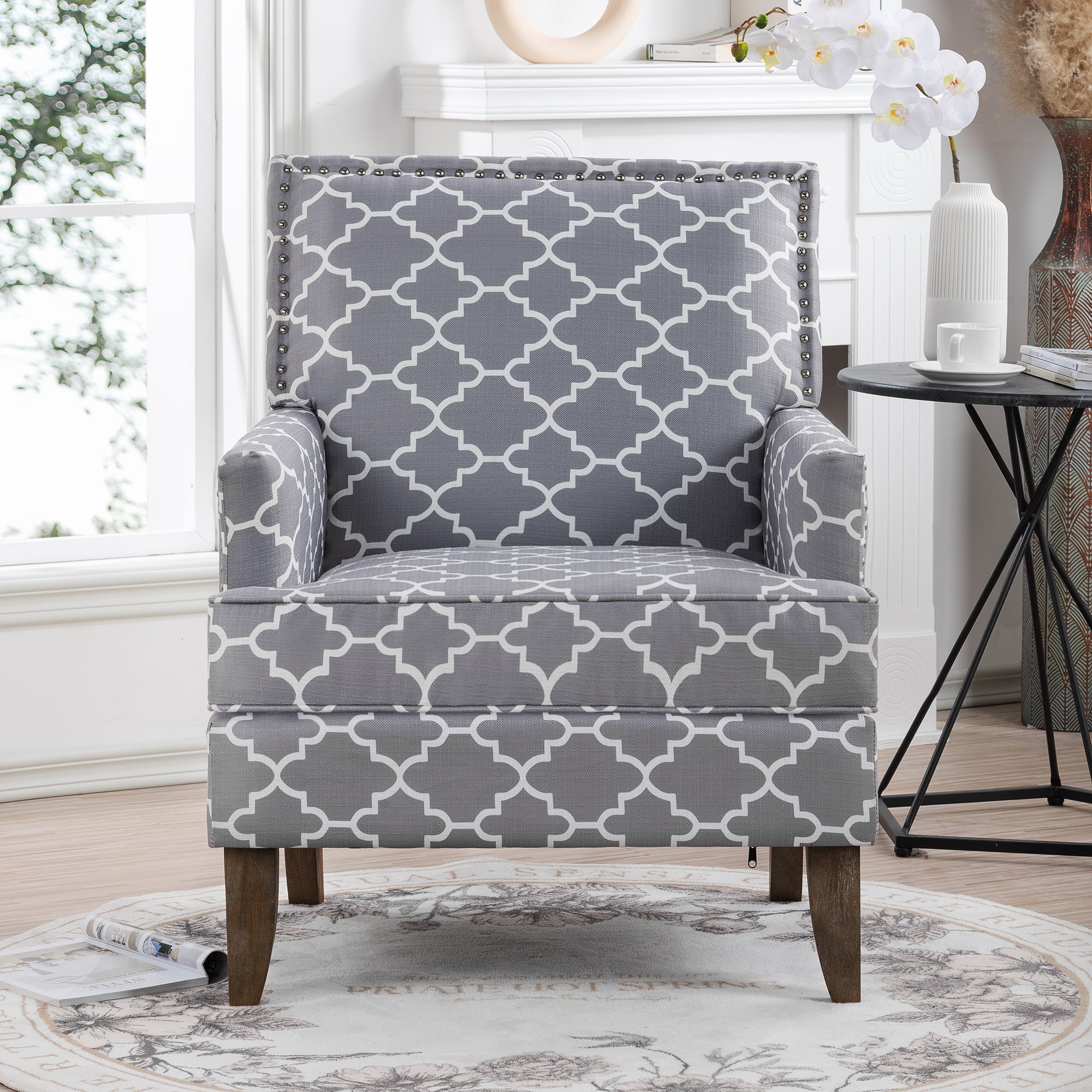 Gewnee Mid Century Armchair,Floral Print Accent Chair with Solid Wood ...