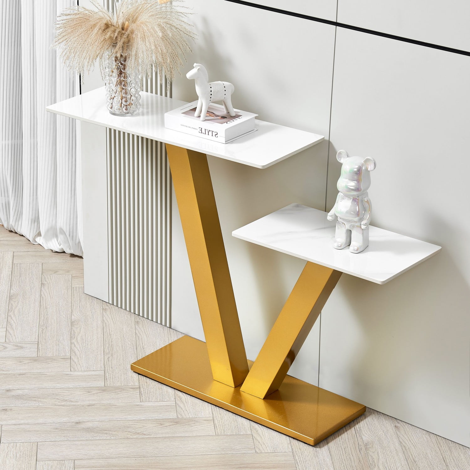 Gewnee Modern 2-Tier Console Table Entryway Sofa V-Shaped Accent Table ...