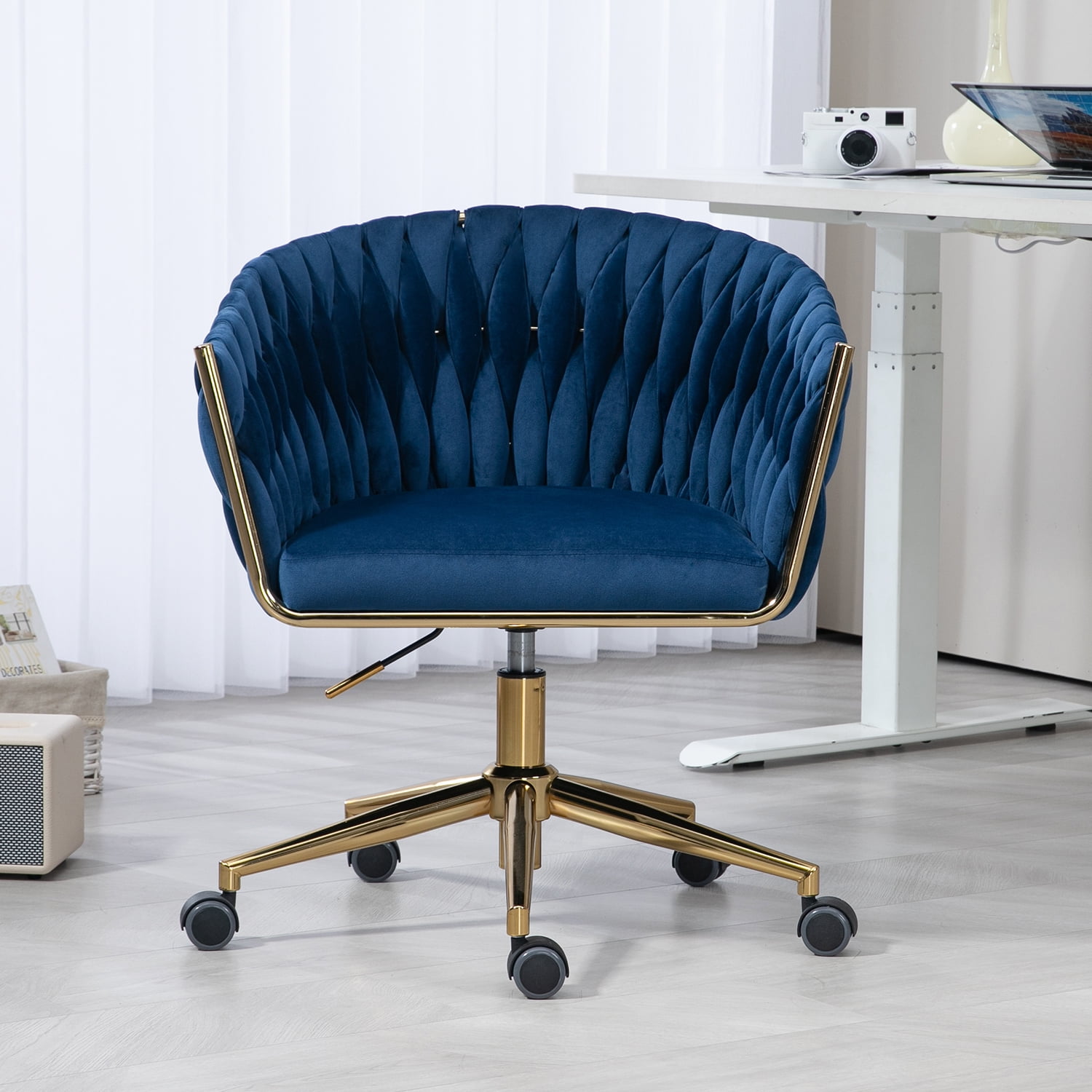 Gewnee Modern Hand-Woven Green Office Chair，Swivel Vanity Chair with ...