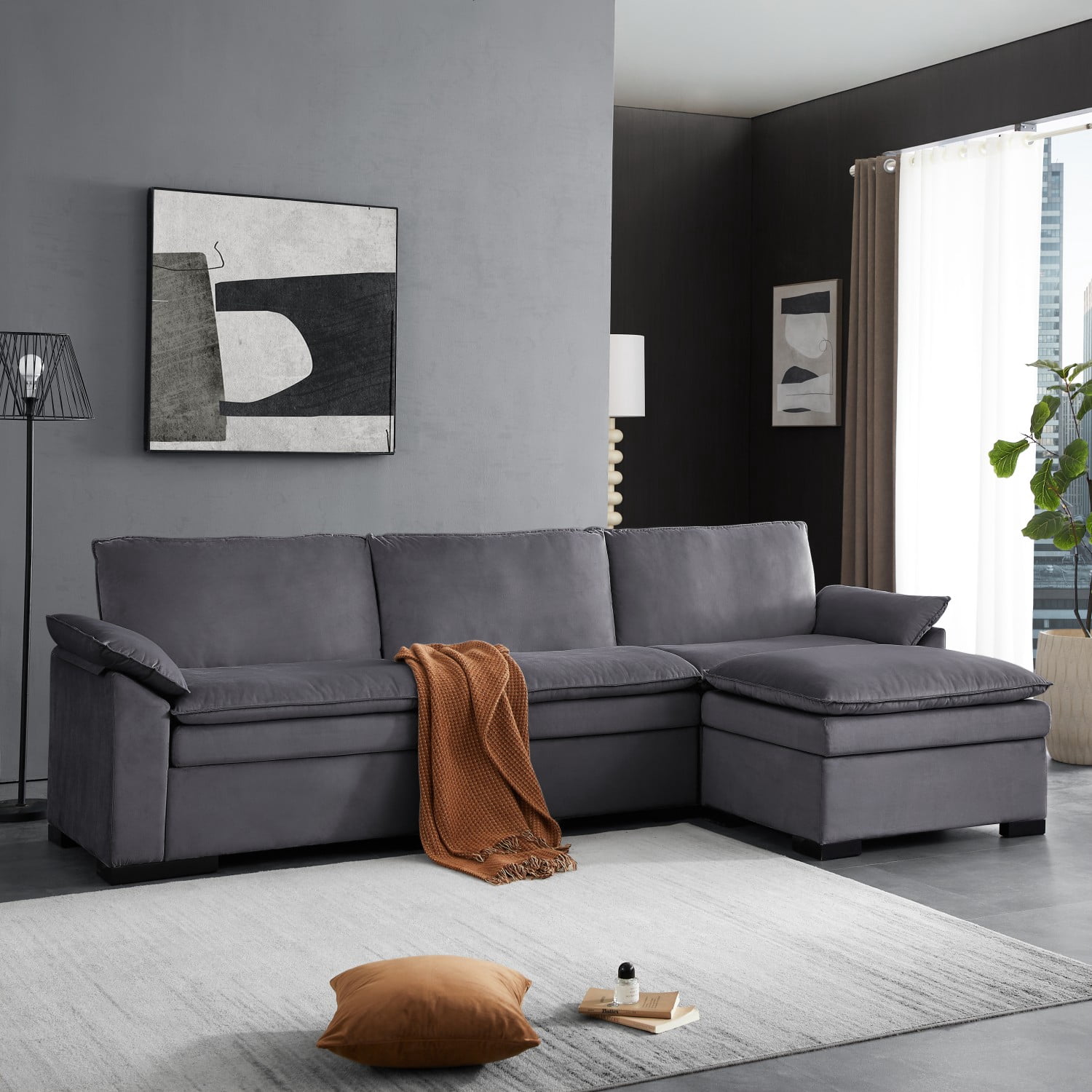 Gewnee Modular Sectional Sofa with Movable Ottoman,4 Seater L Shaped ...
