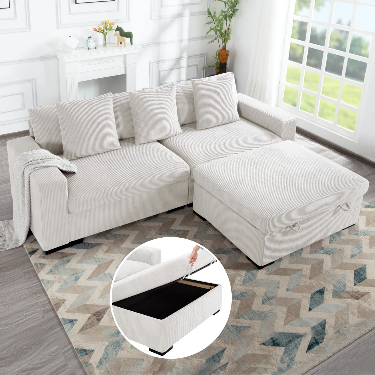 Gewnee Modular Deep Seat Sectional Sofa with Movable Ottomans 3-Seat L ...