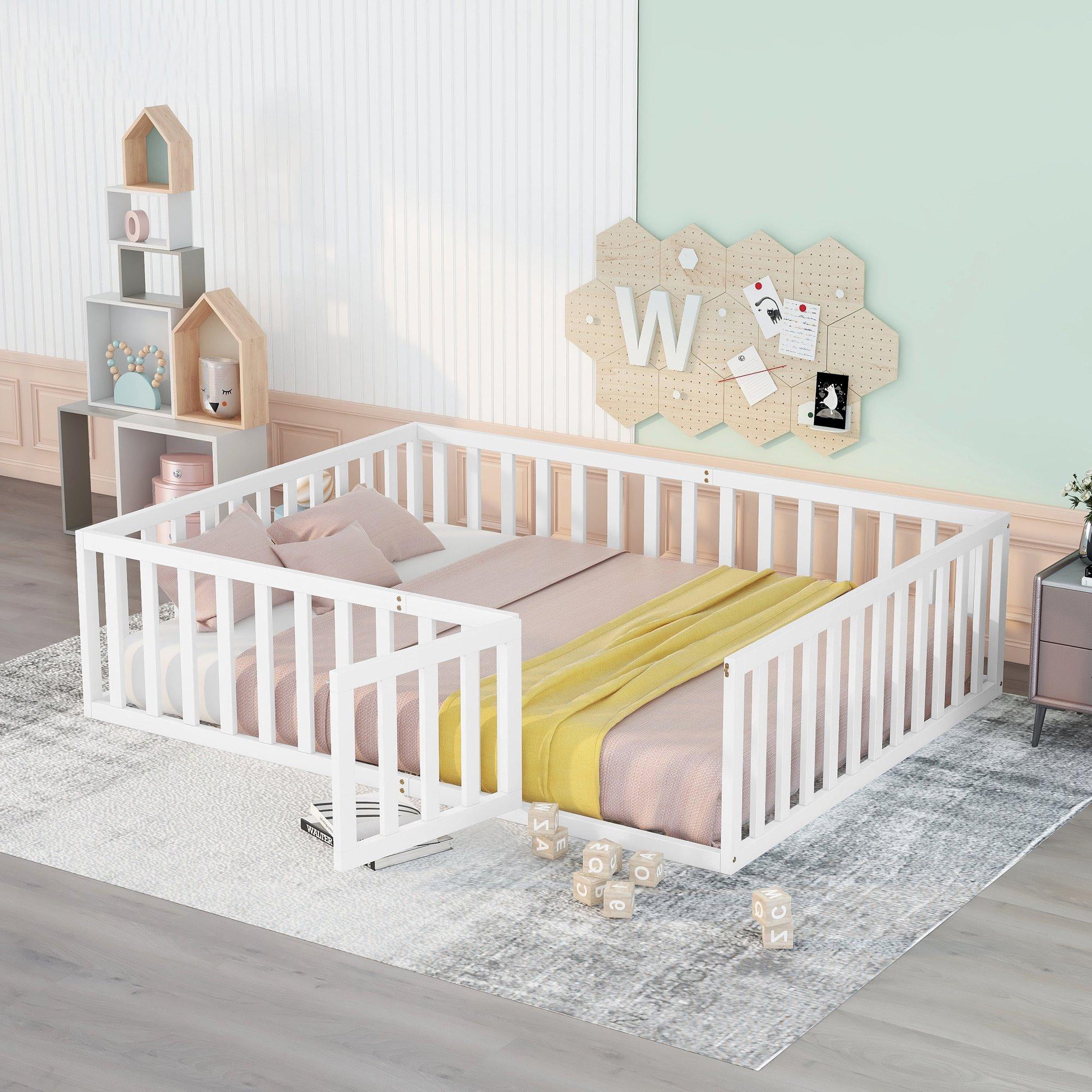 Gewnee Queen Size Toddler Floor Bed,Pine Wood Kids Floor Bed Frame with ...