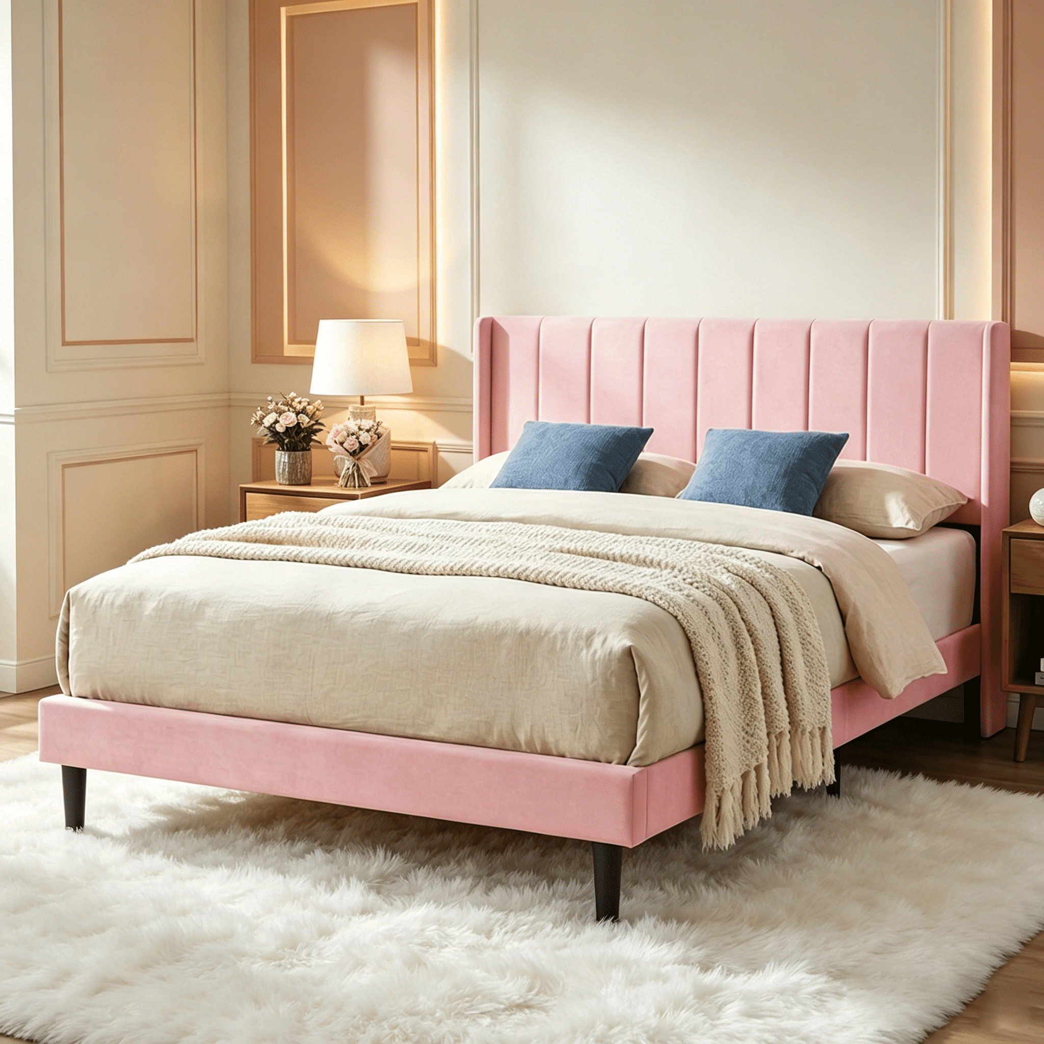 Gewnee Queen Size Velvet Upholstered Platform Bed Frame with Wood Slats ...