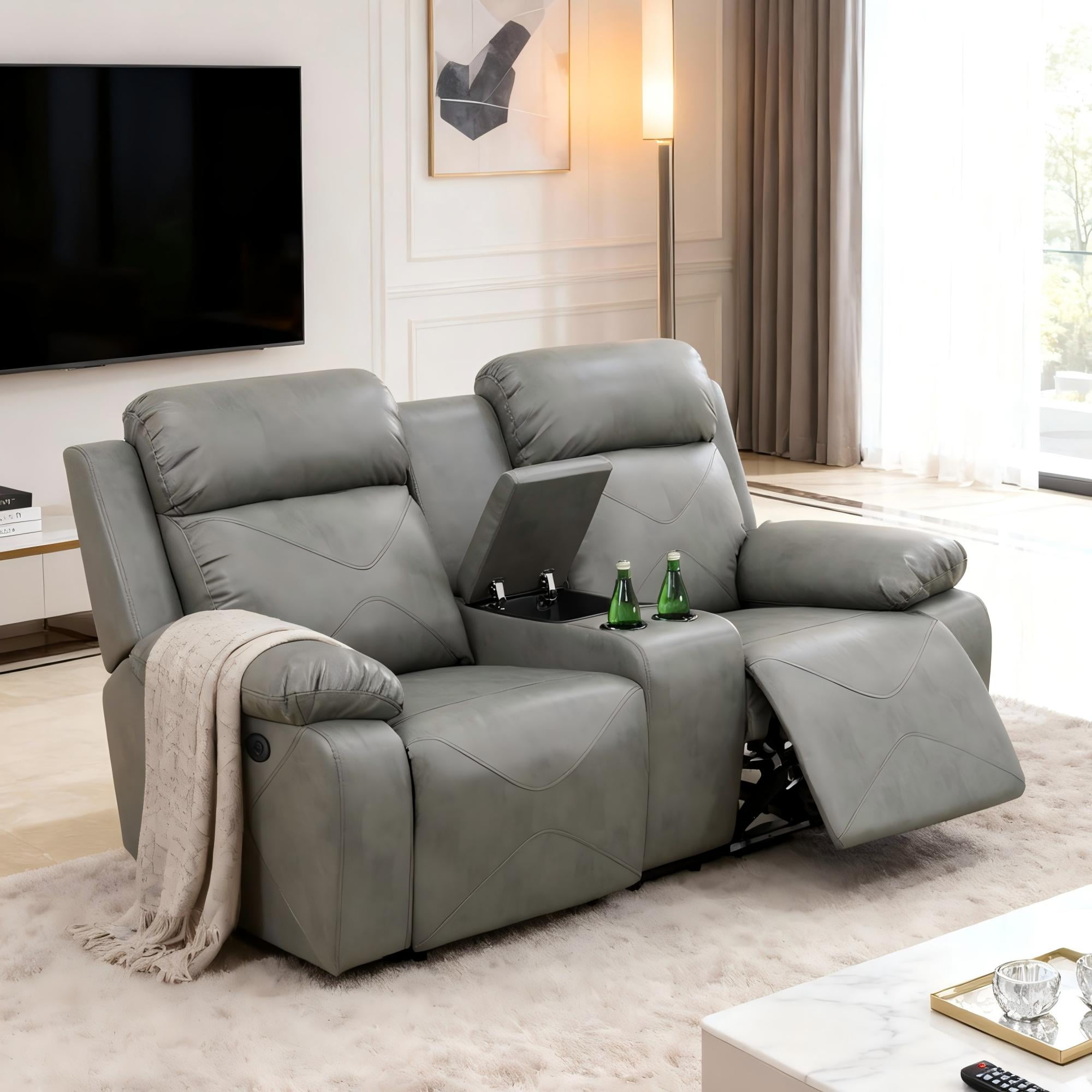 Gewnee Silver Gray Loveseat with Console & Cup Holders, Breathable ...