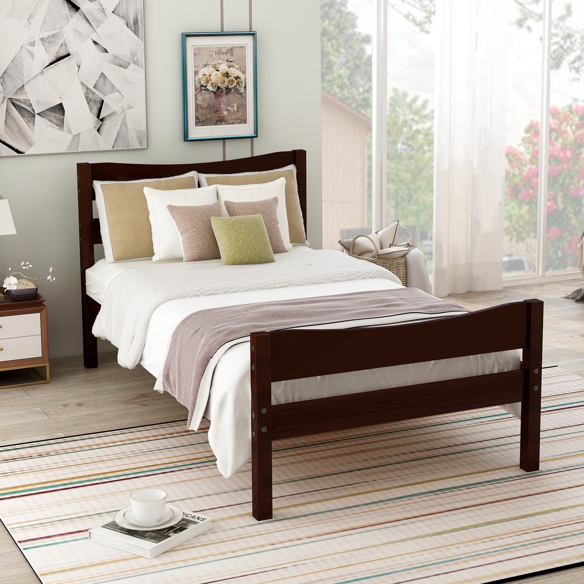 Gewnee Solid Wood Twin Size Platform Bed Frame with Headboard and ...