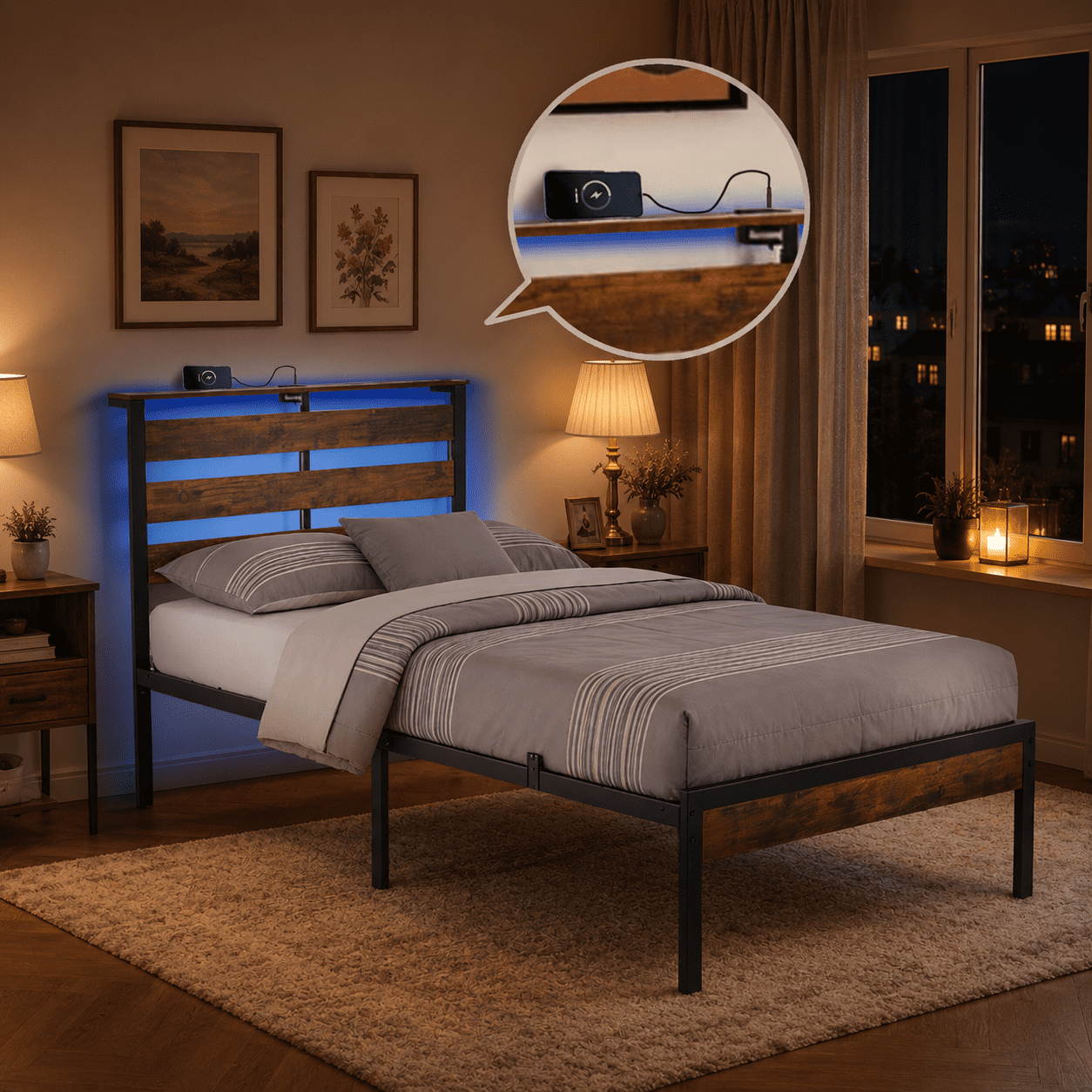 Gewnee Twin Size Metal Bed Frame with RGB Lights and Charging Station ...