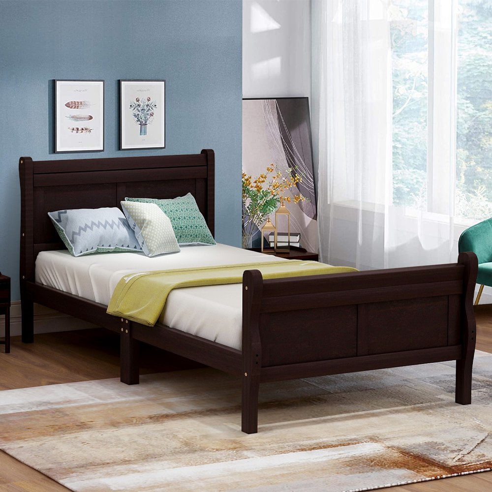 Gewnee Twin Size Wood Platfrom Bed with Headboard and Footboard for ...