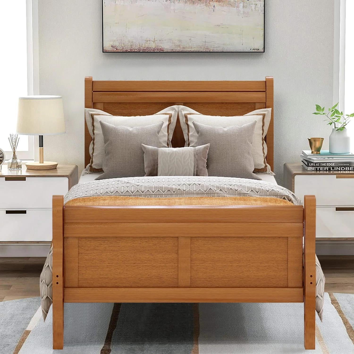 Gewnee Twin Size Wood Platfrom Bed with Headboard and Footboard for ...