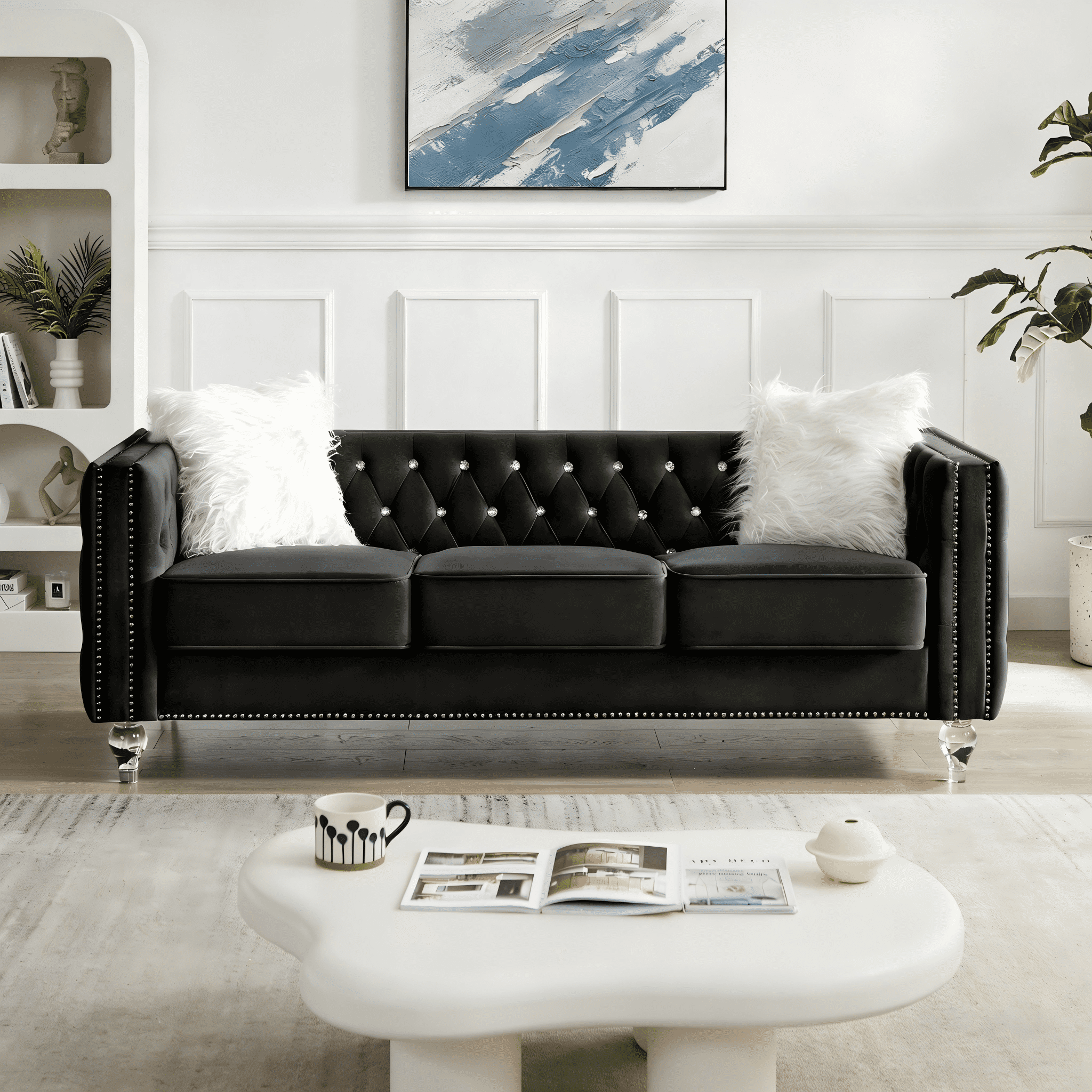 Gewnee Black 3-Seater Velvet Accent Chair - Solid Eucalyptus Frame ...