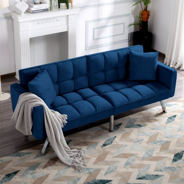 Gewnee 74 Velvet Upholstered Modern Convertible Futon Adjustable Folding Sofa Bed Guest Bed for Living Room Bedroom Navy Blue