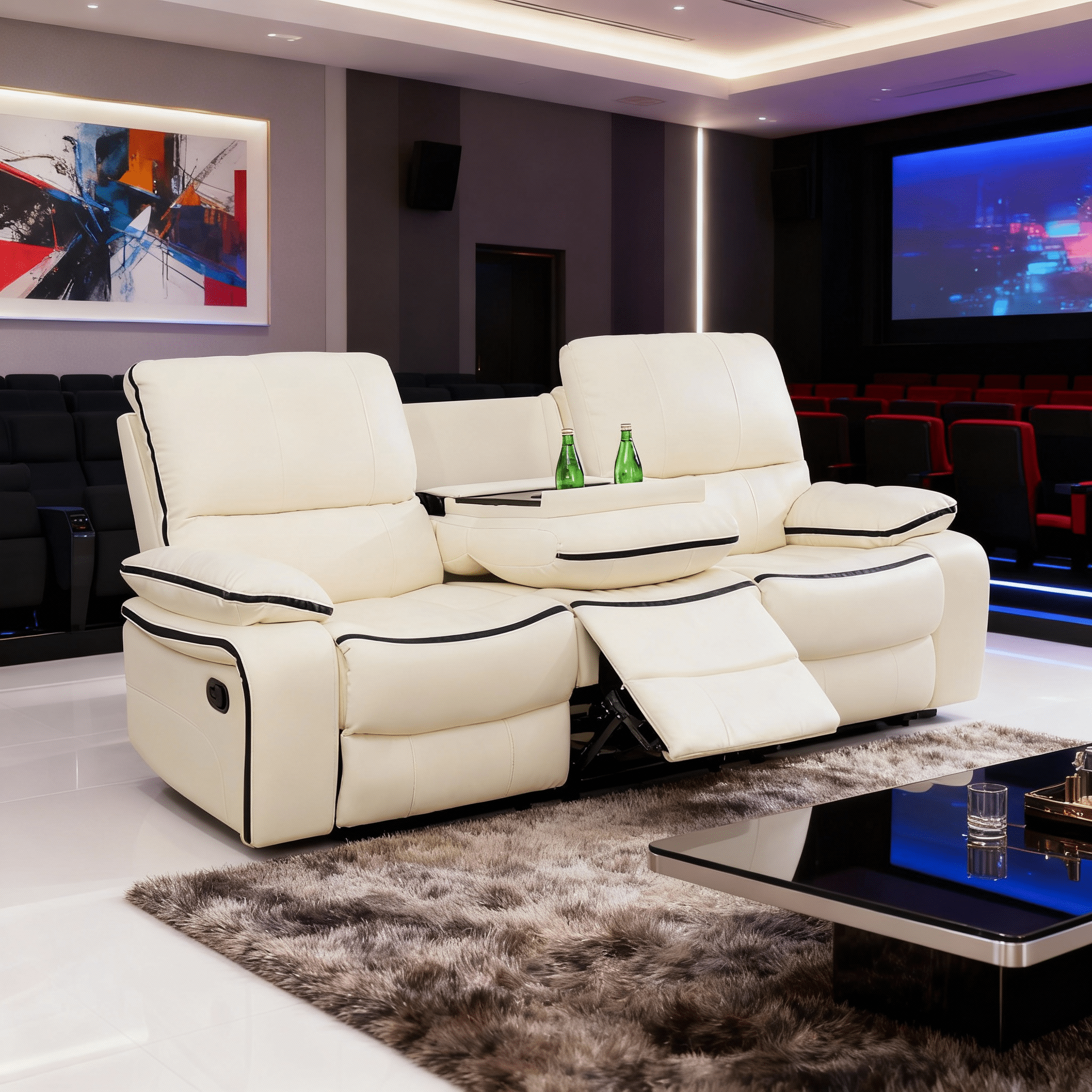 Gewnee White 3-Seat Smart Sofa,Air Leather & Solid Wood Frame, Flip-Up ...