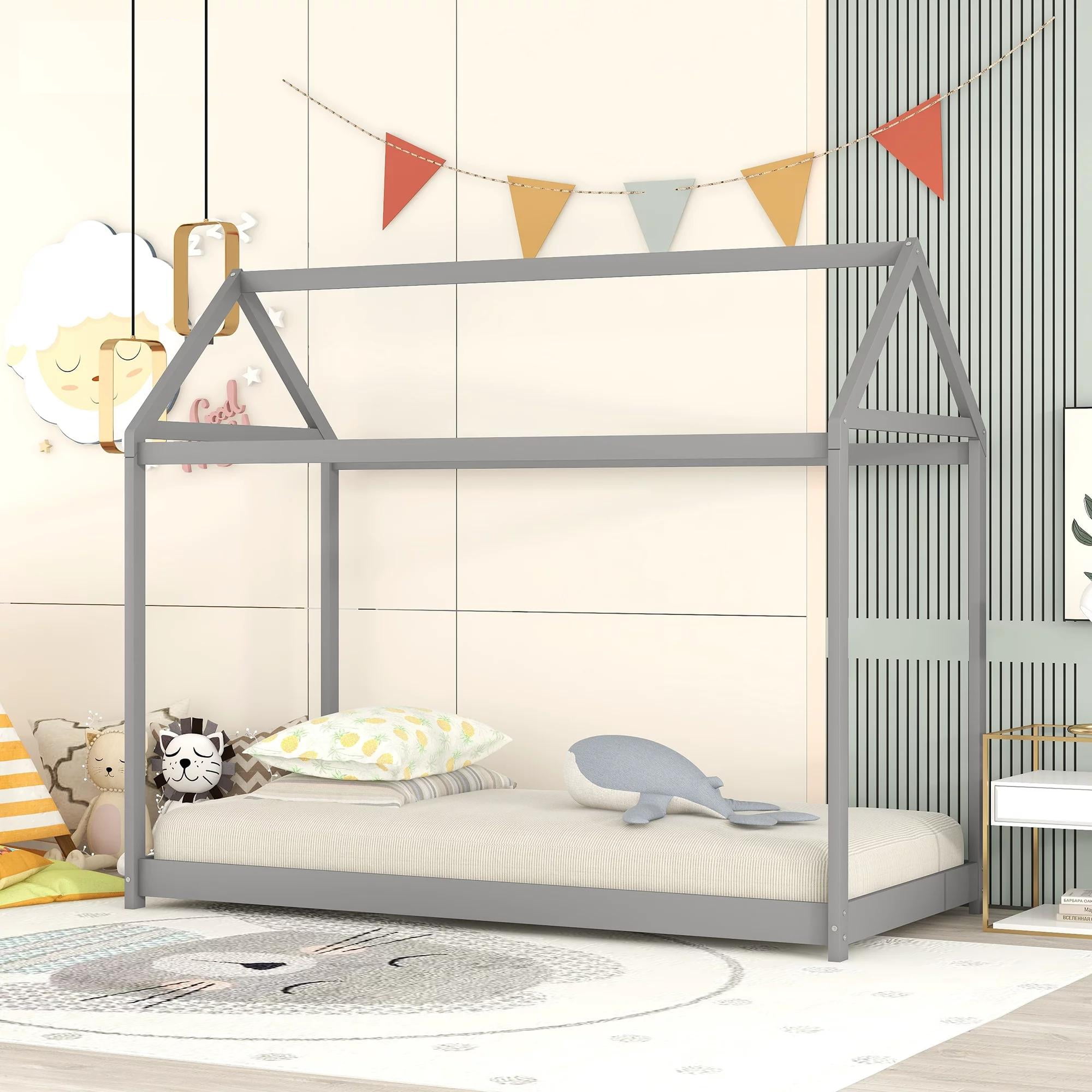 Free Shipping! Gewnee Twin Size Kids House Bed Frame, Montessori Floor ...