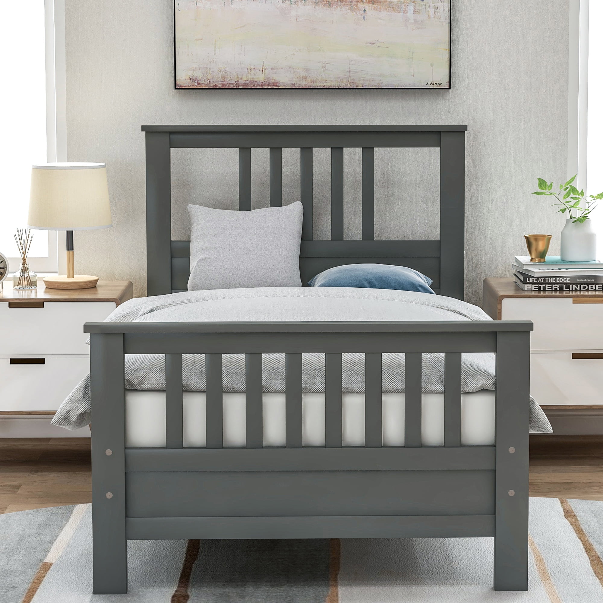 Gewnee Wood Twin Platform Bed Frame - Gray, Weight Capacity - Walmart.com