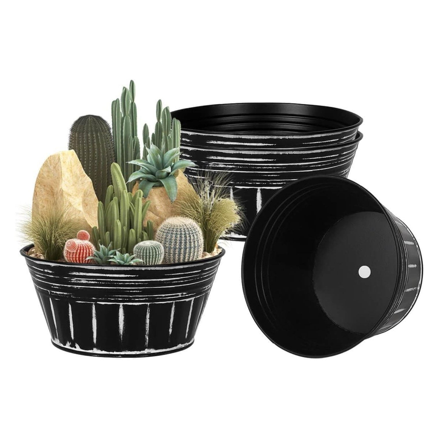 Gexandy 10 Inch Black Metal Rustic Plant Pots - 4Pcs Shallow Galvanized ...