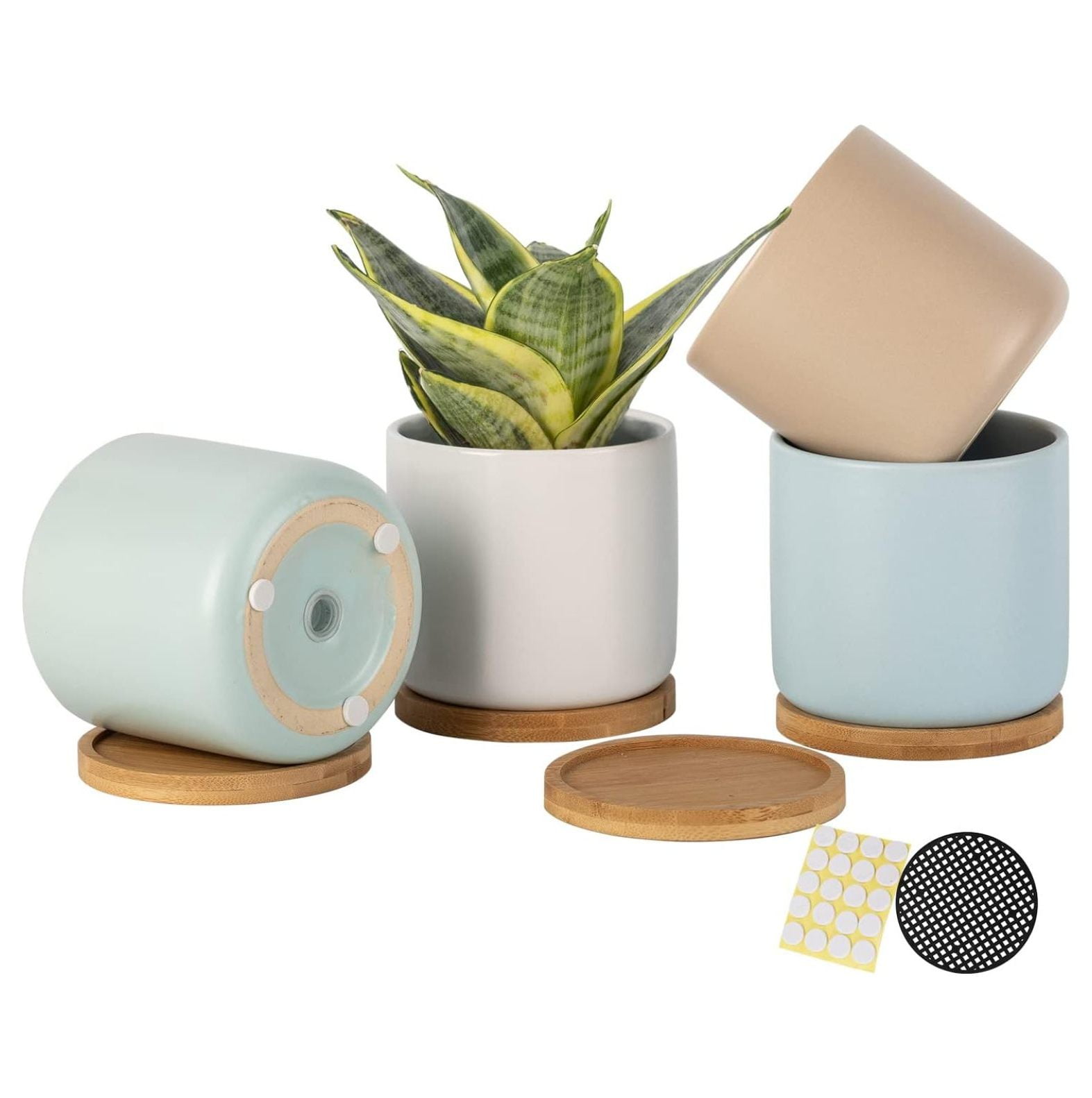 Gexandy 4 Inch Ceramic Plant Pots with Drainage Hole and Bamboo Saucer ...