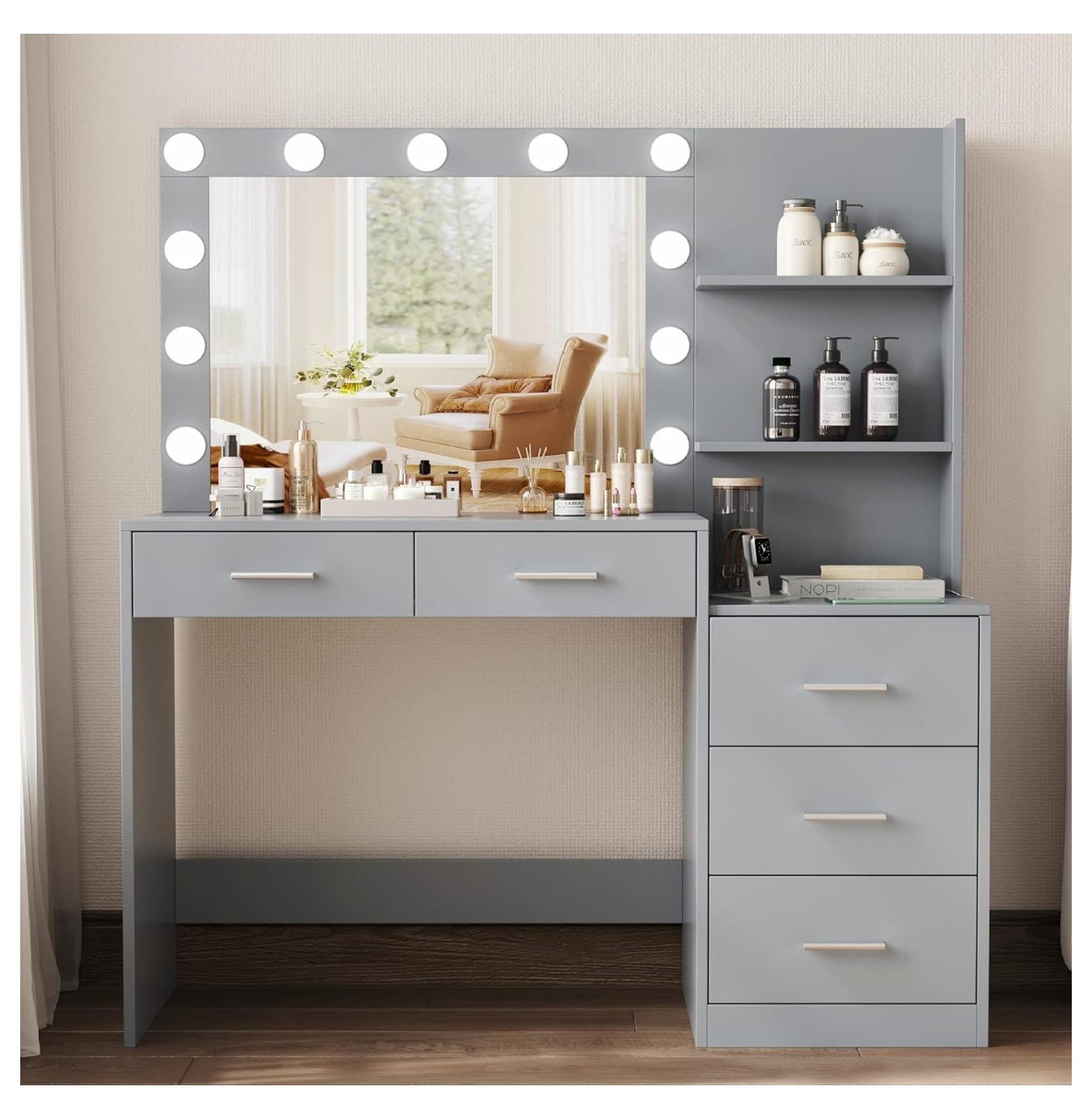 Gexandy 46.7" Makeup Vanity Table with Lighted Mirror, Large Vanity ...