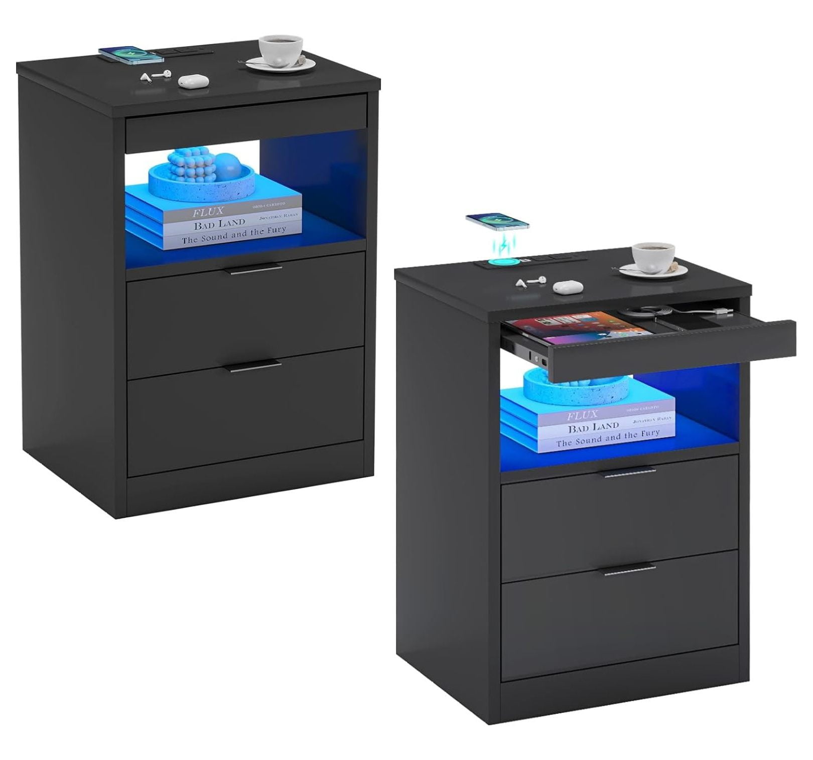 Gexandy LED Nightstands Set of 2, Night Stand with Wireless Charging ...