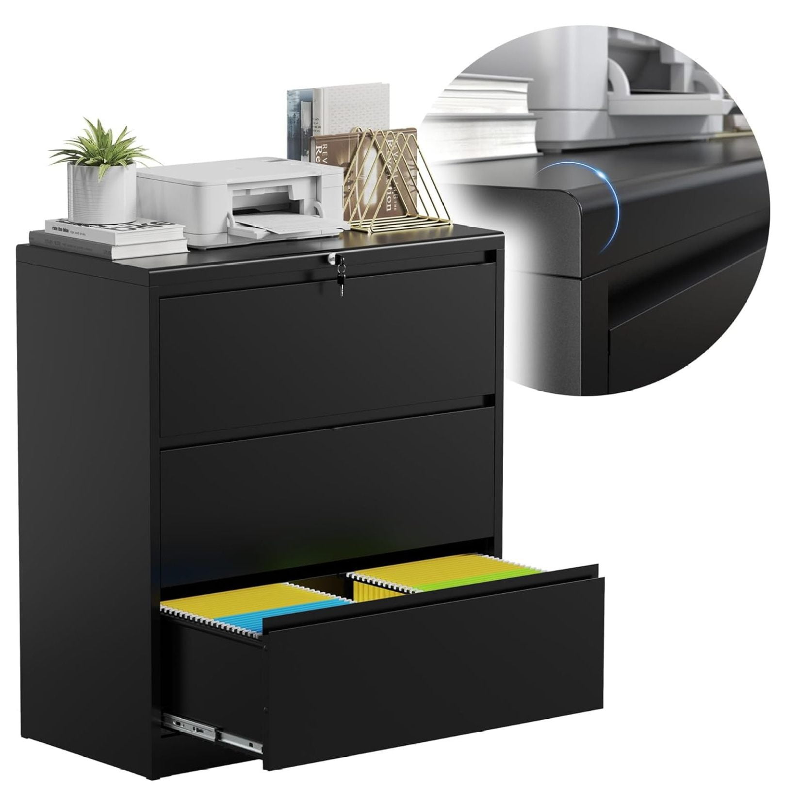 Gexandy Lateral File Cabinet 3 Drawer with Lock, File Cabinet for Home ...