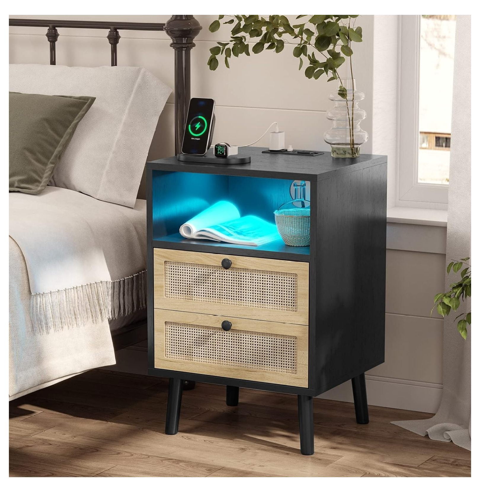 Gexandy Rattan Nightstand with Charging Station and LED Lights, LED ...