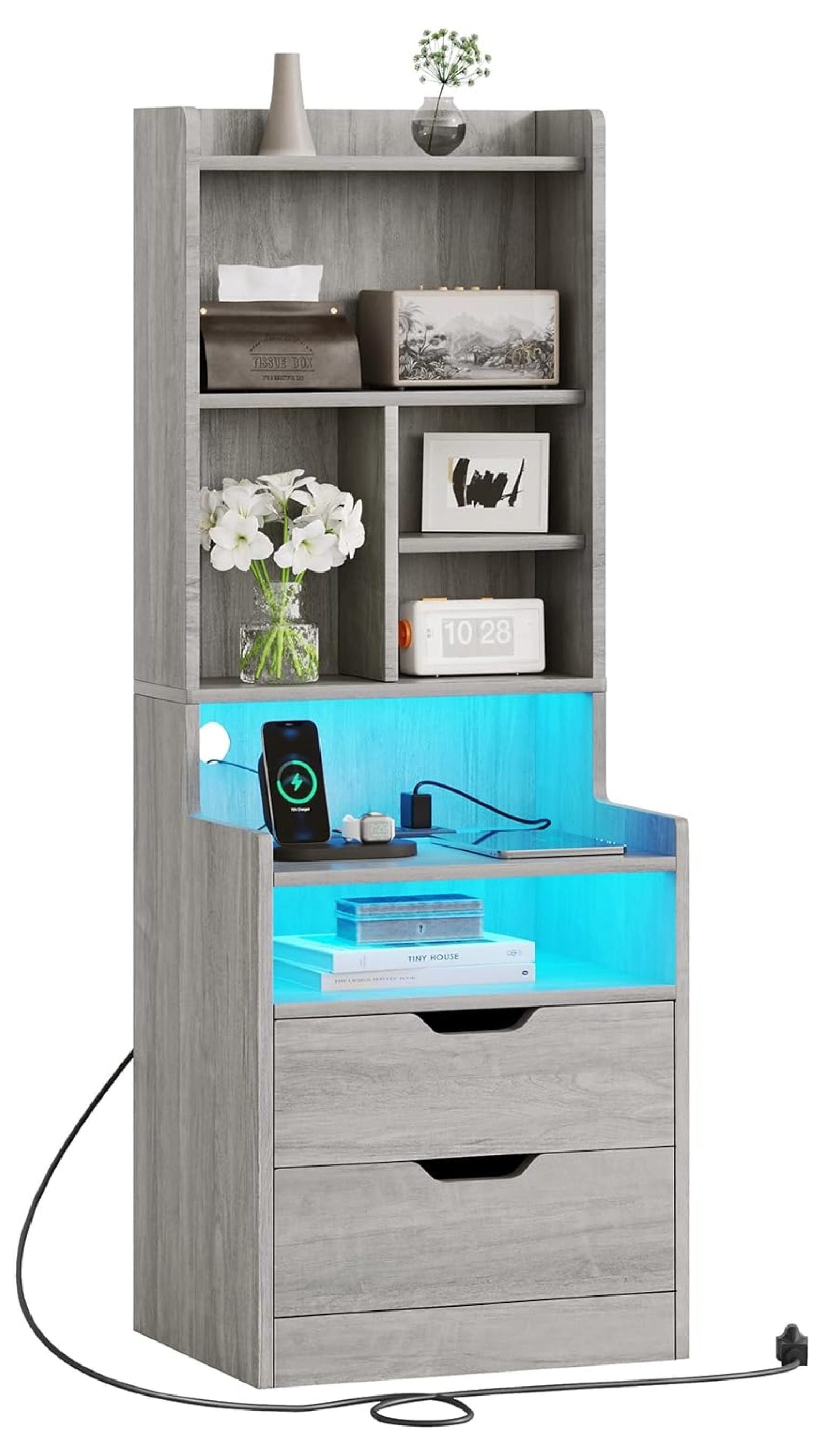 Gexandy Tall Night Stand with Charging Station and LED Lights ...