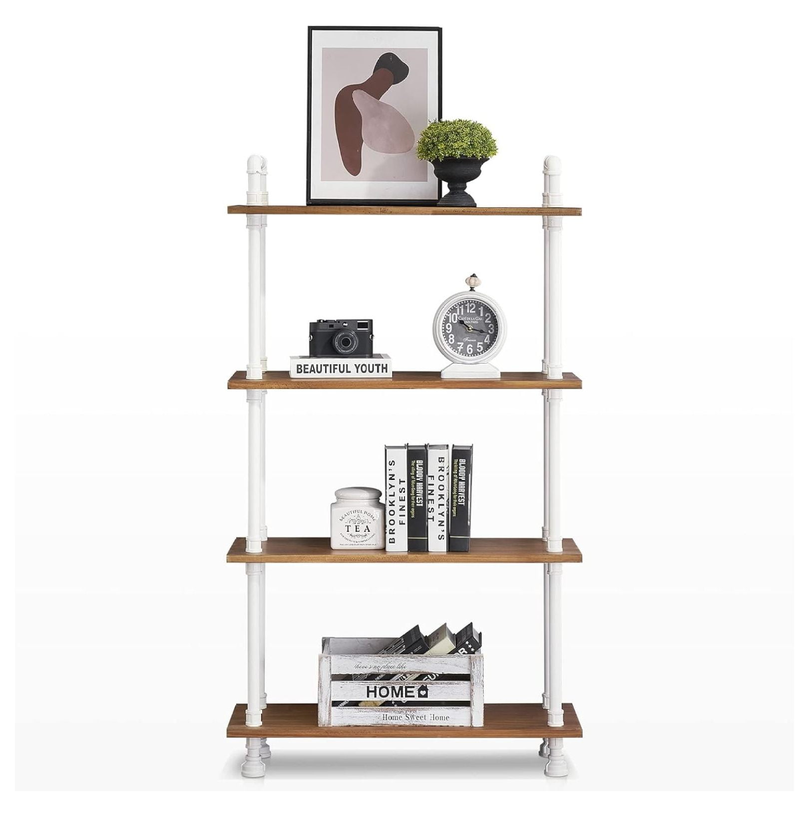 Gexandy White Bookshelf Industrial Pipe Bookcase Walnut Solid Wood Book ...