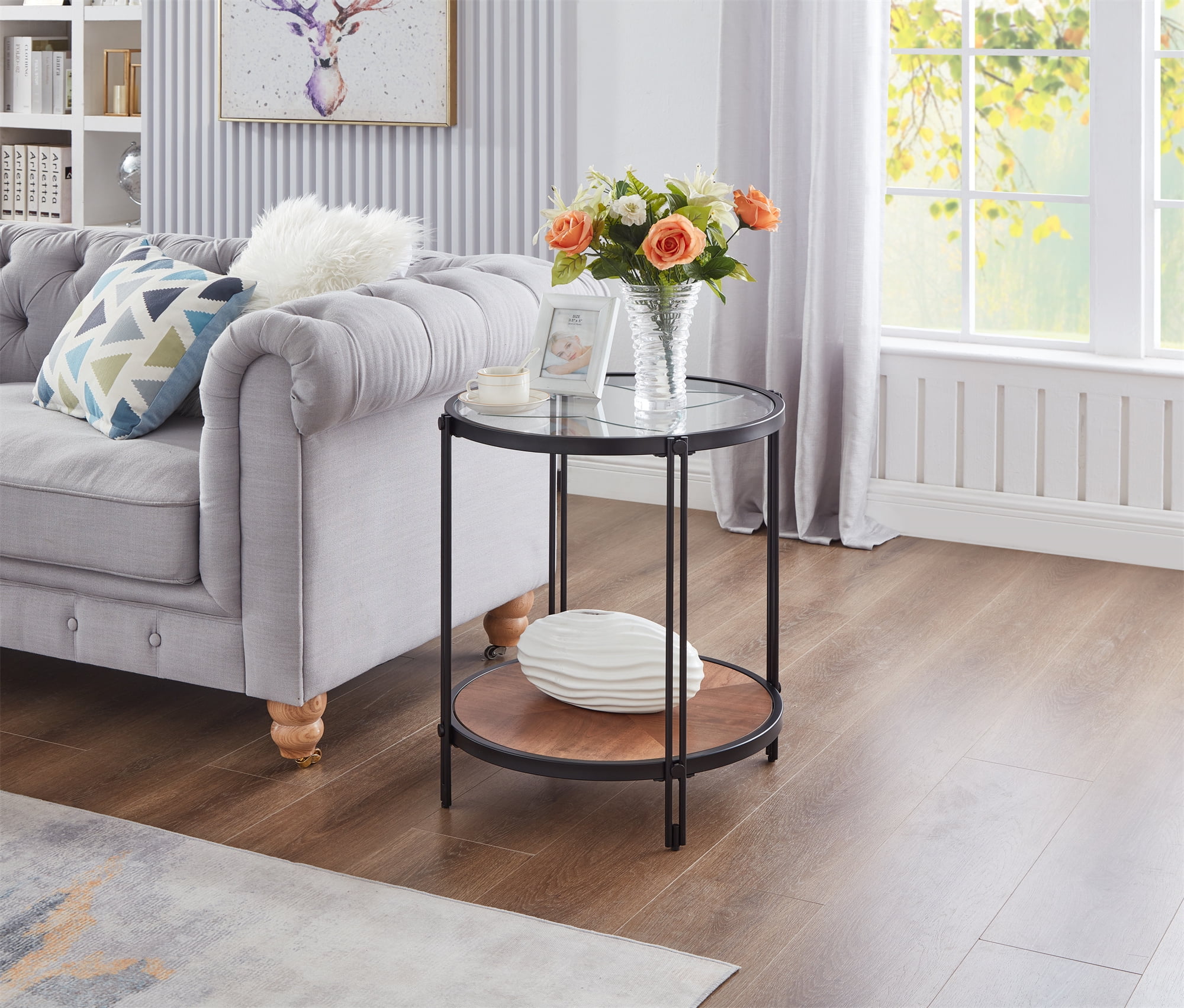 Gexpusm 20" Round Glass Side Tables,Soild Wood,Double Layer, Modern ...