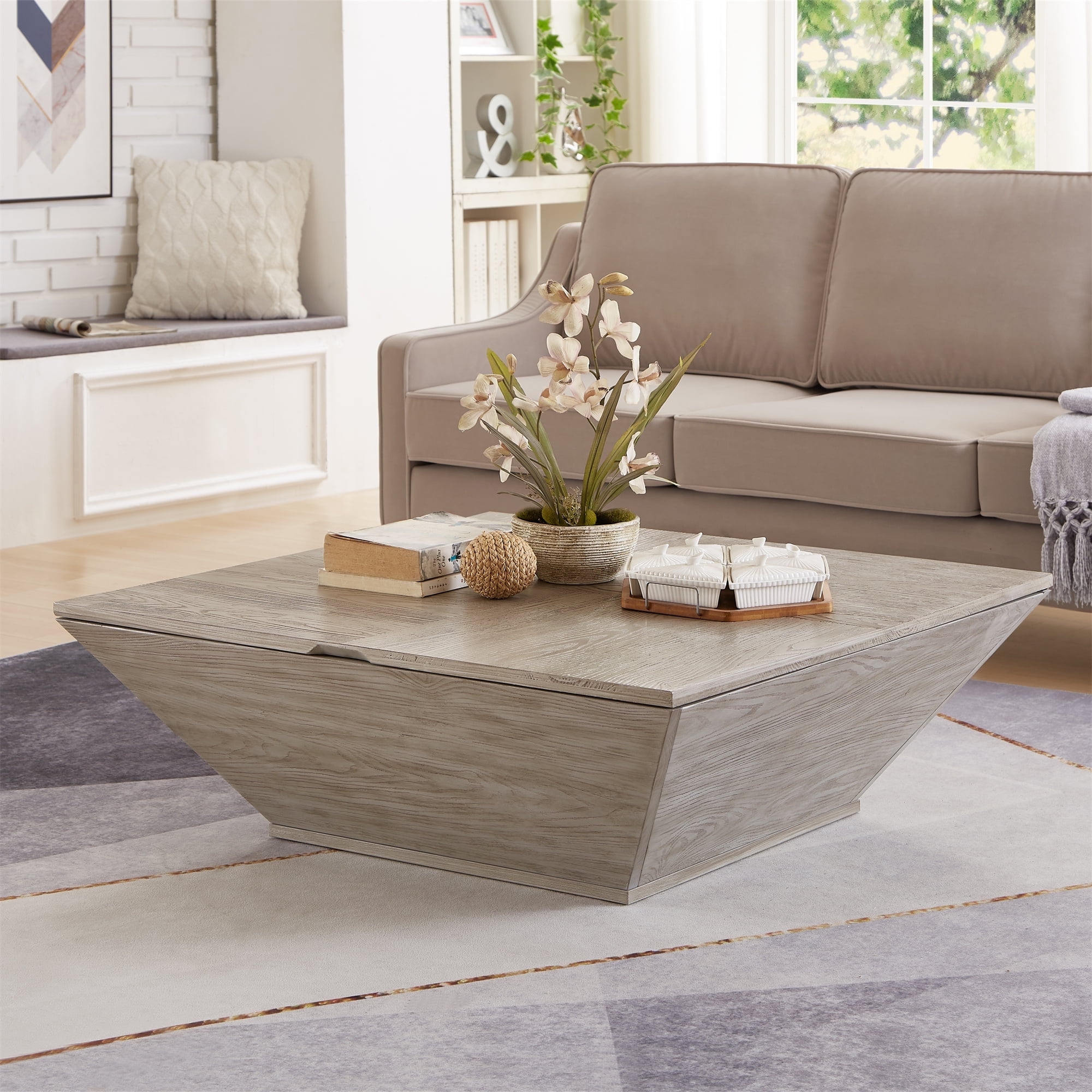 Gexpusm Rustic Farmhouse Coffee Table with Storage, Solid Wood Square ...