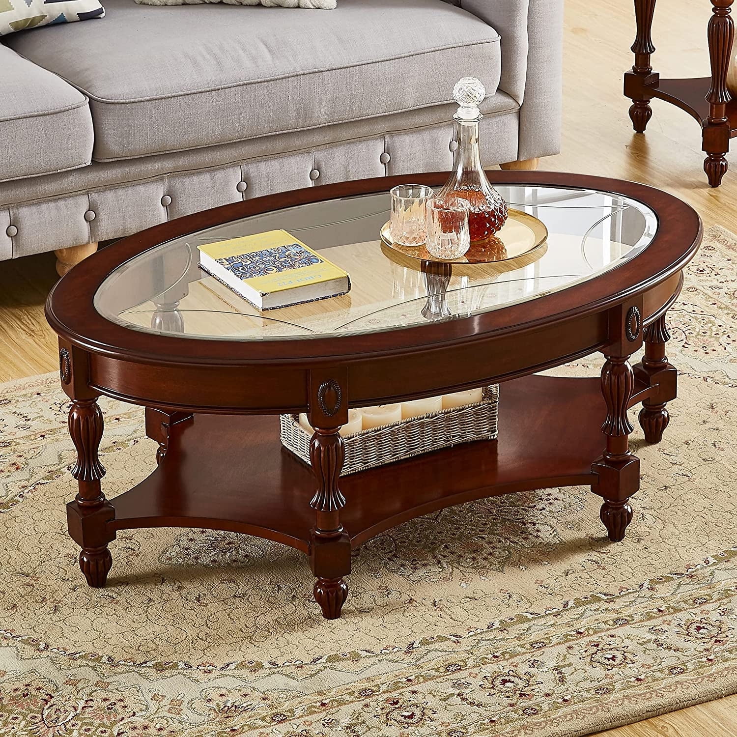 Gexpusm 2-Tier Oval Glass Coffee Table with Long Wooden Top & Storage ...