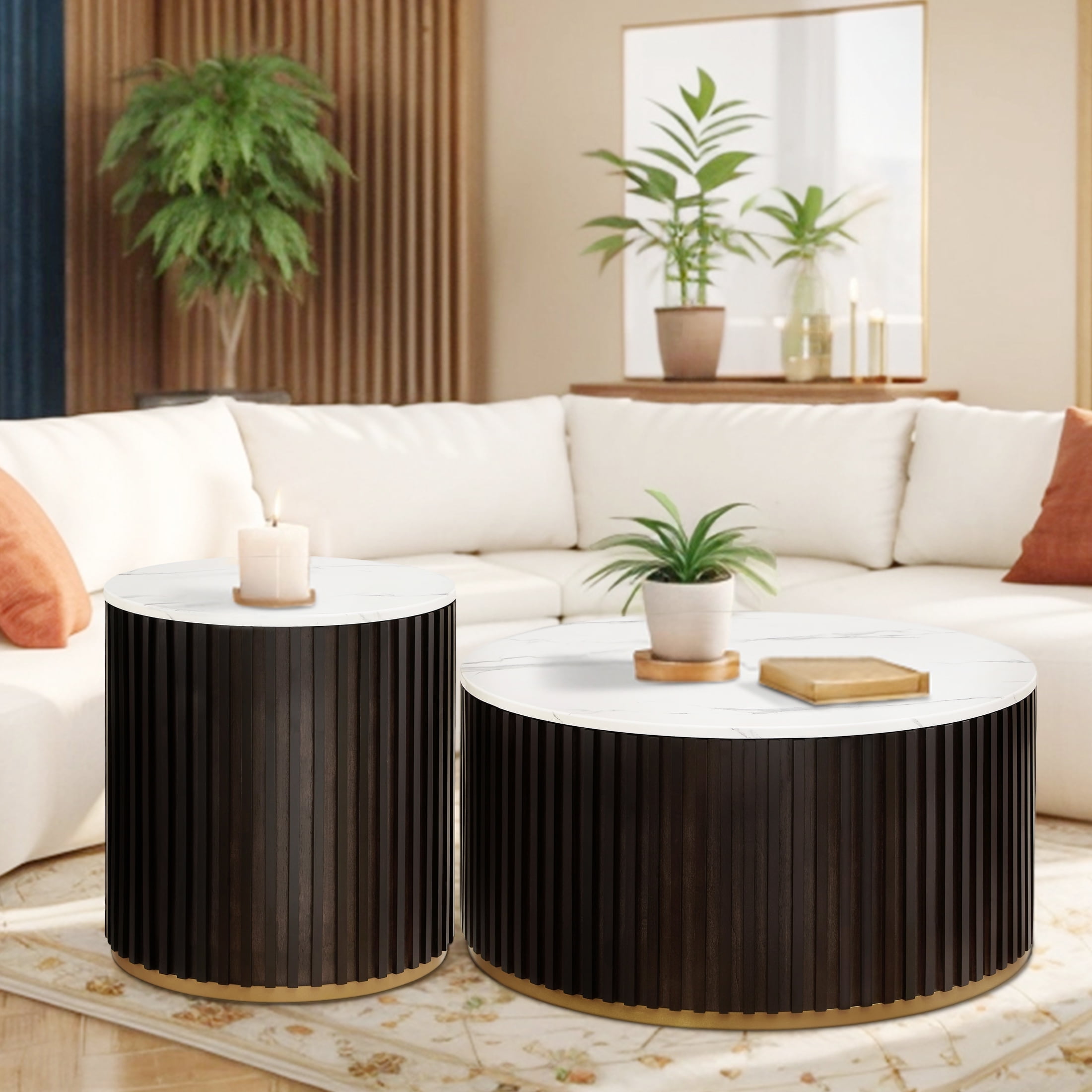 Gexpusm Living Room Set of 2 Round Coffee Tables, Marble Finish, Wood ...