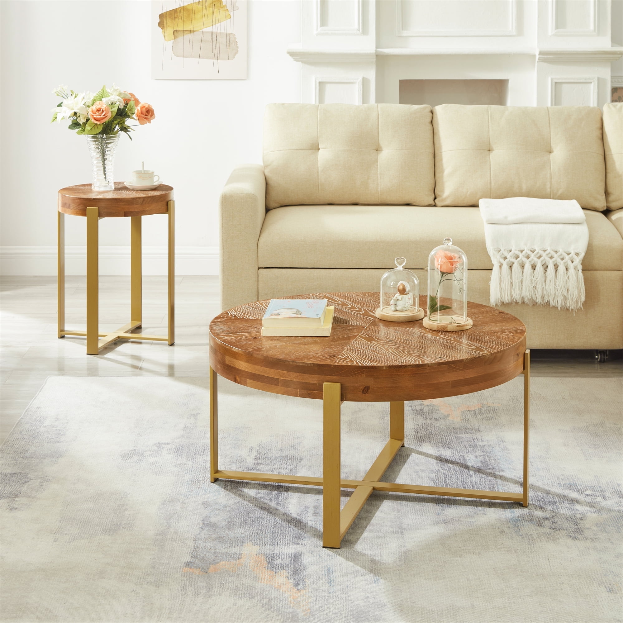 Gexpusm 2-Piece Round Solid Wood Coffee Table Set, Rustic Circle End ...