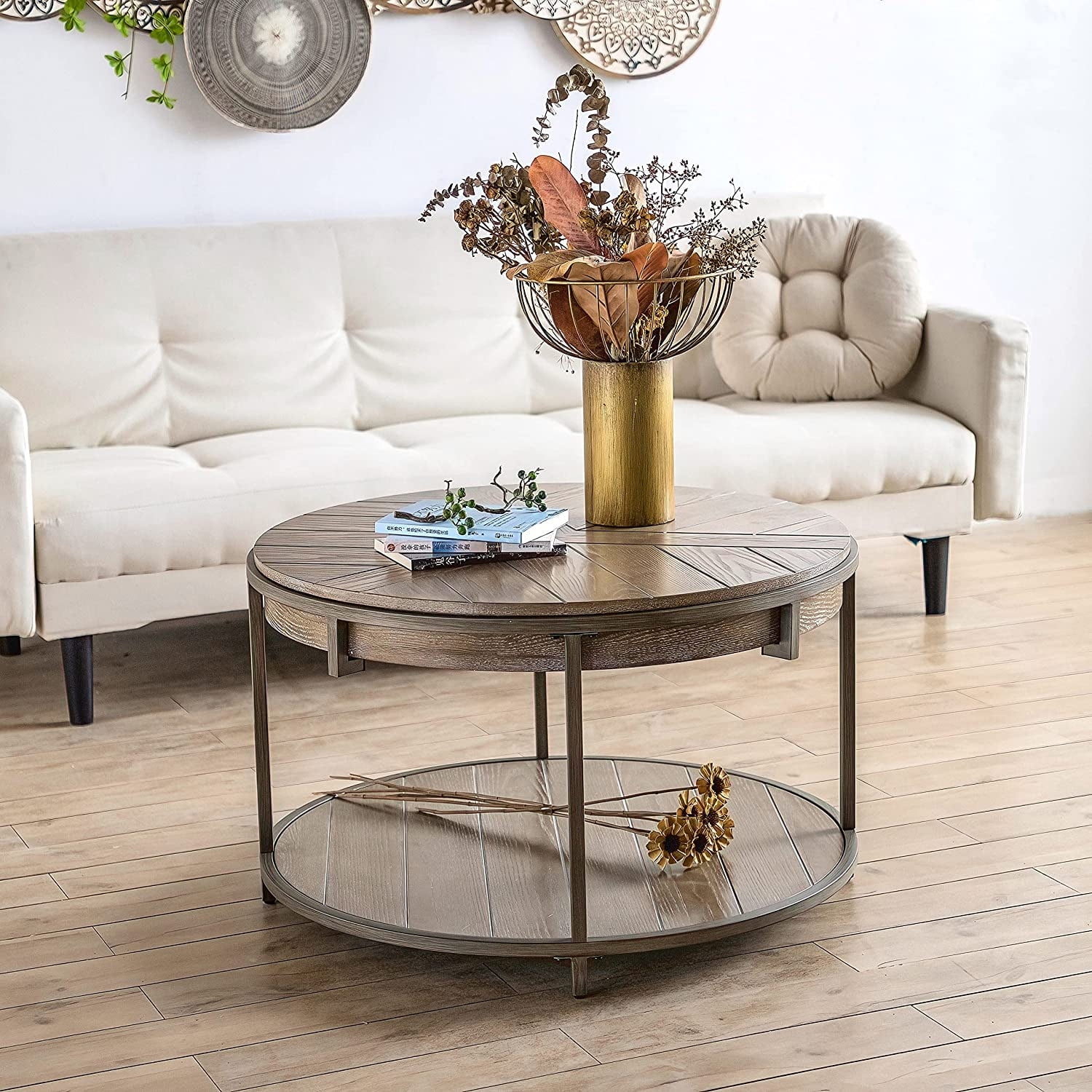 Gexpusm Round Wood Coffee Table For Living Room 2 Tier Circle Coffee Table With Storage Modern