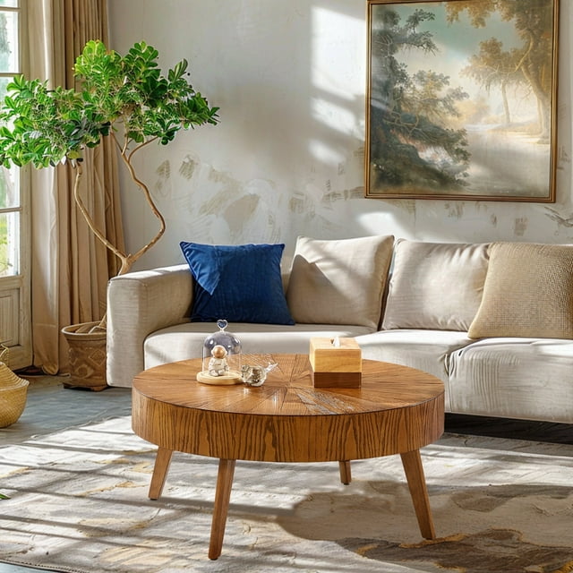 Gexpusm Mid Century Modern Round Wood Coffee Table, Solid Legs, Dark ...