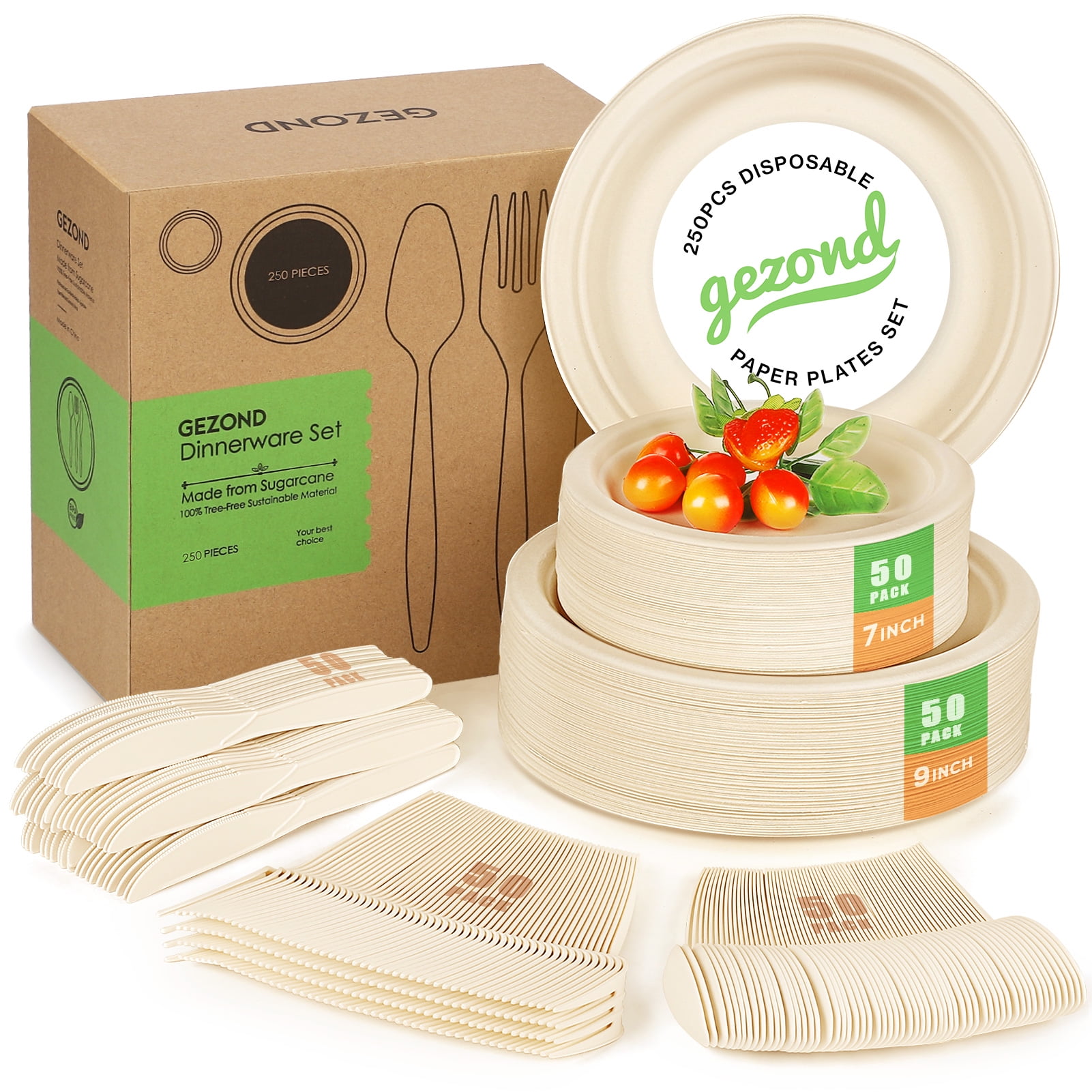 Gezond 250Pcs Eco-Friendly Disposable Dinnerware Set, Includes ...