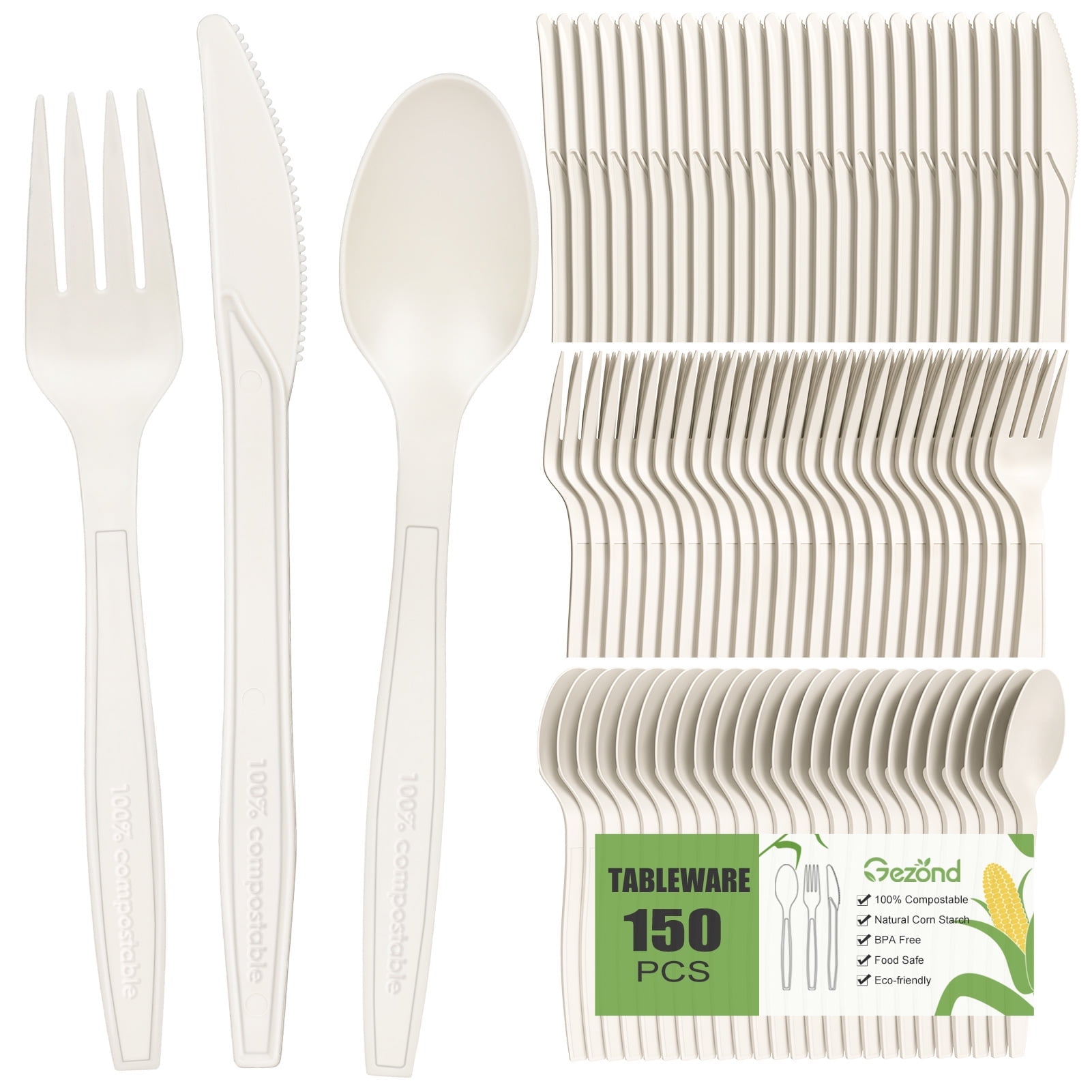 Gezond 150pcs Compostable Cutlery Set - Disposable Forks, Knives ...