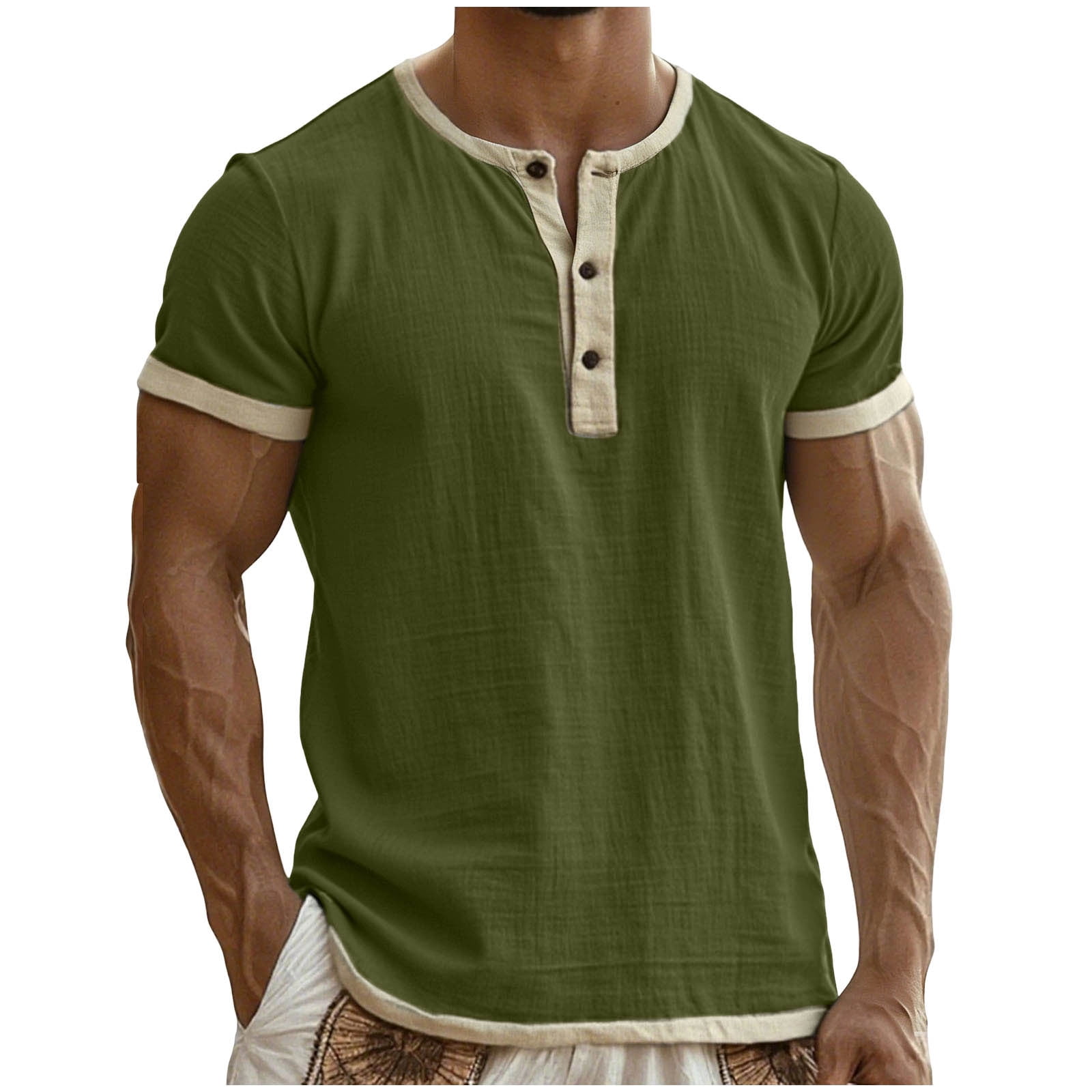 Gfyviroh Cotton Linen Tshirts for Men Short Sleeve Patchwork Vintage ...