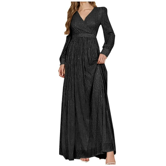 Gfyviroh Evening Dresses for Women V-Neck Long Sleeve Pleated Maxi ...
