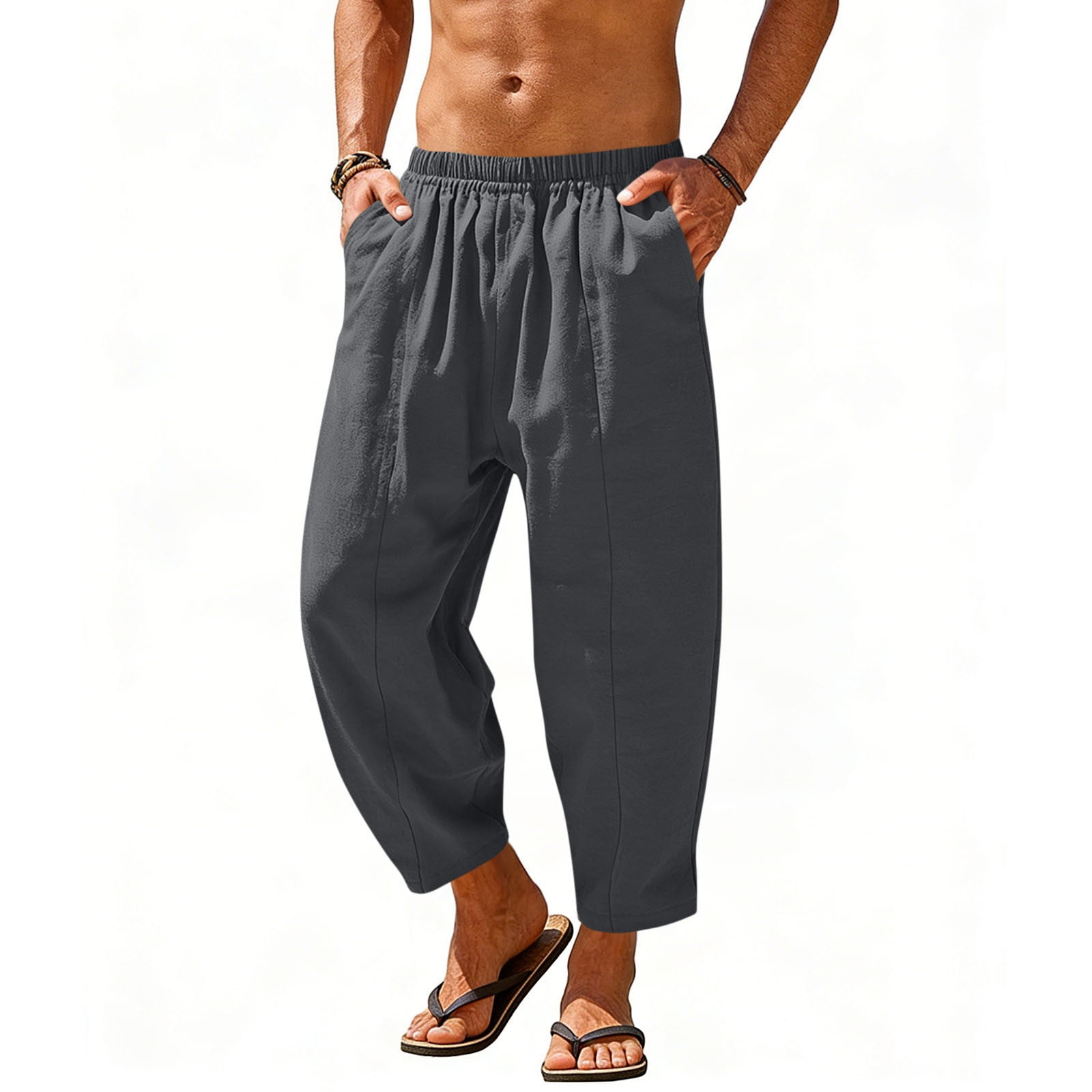 Gfyviroh Men's Pants Baggy Solid Elastic Waist Trousers Casual Wide Leg ...