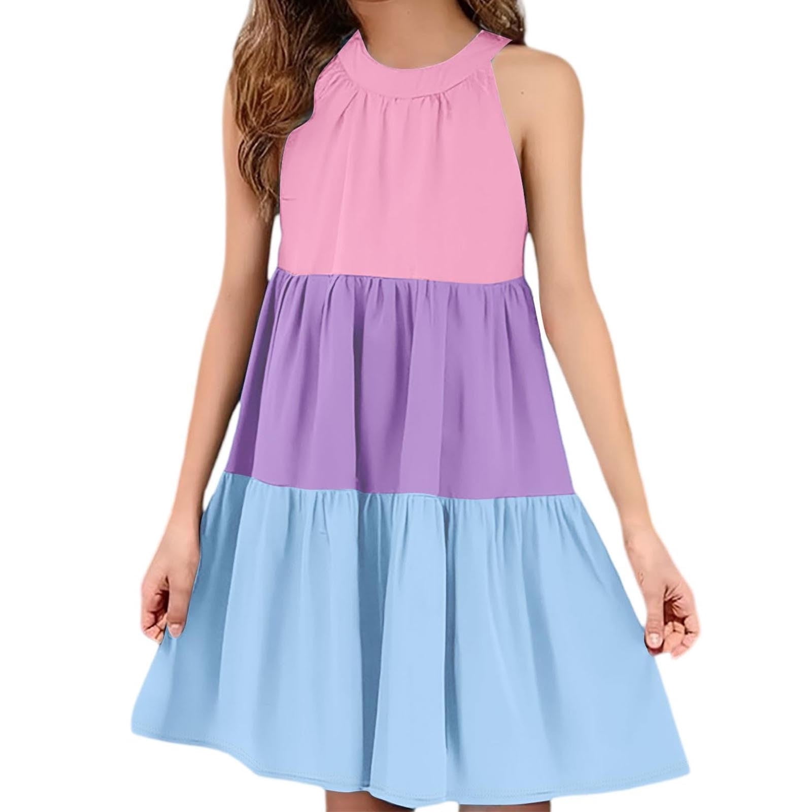 Gfyviroh Sleeveless Dresses for Girls Pleated Color Block Sundress ...