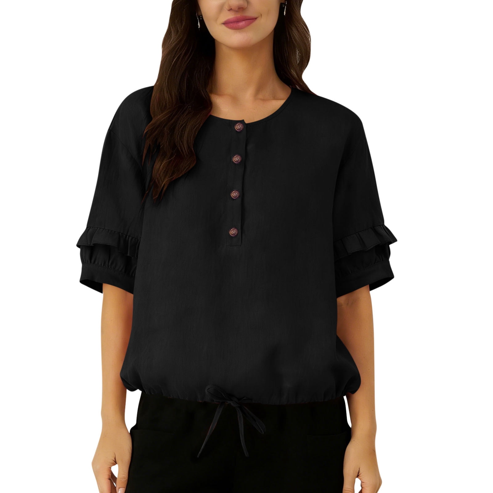 Gfyviroh Women's Cute T-Shirts Button Crewneck Ruffle Short Sleeve Tee ...