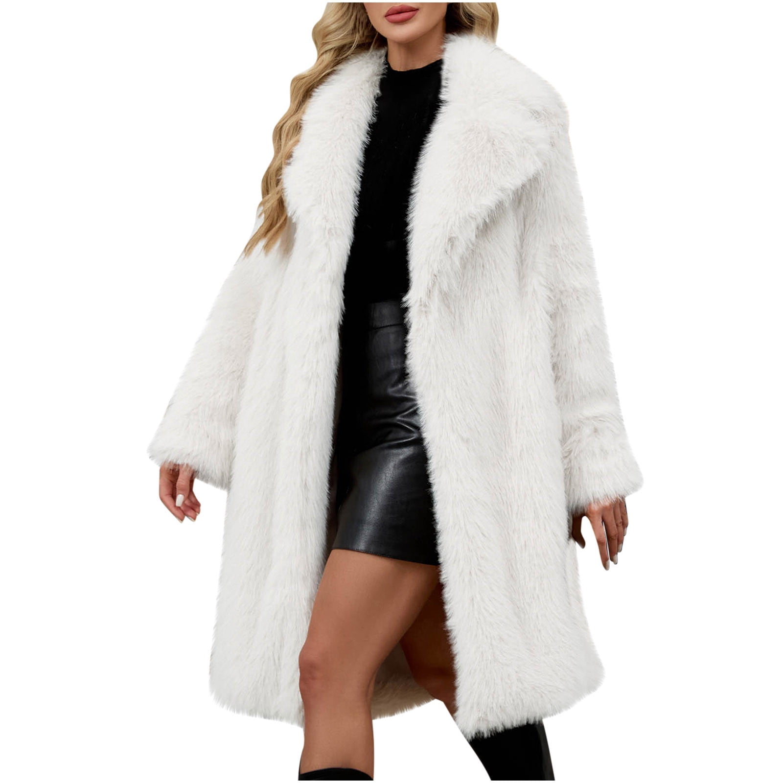Gfyviroh Women's Faux Fur Coats Plush Cozy Winter Warm Mid-length Coats ...