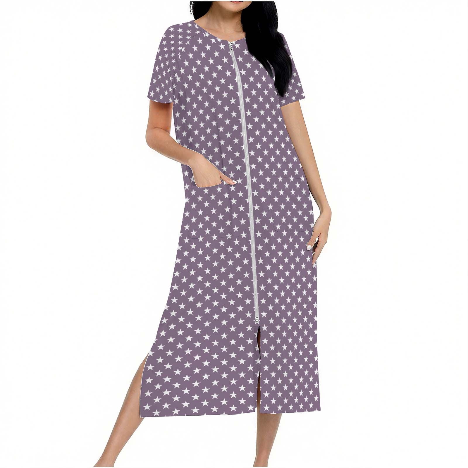 Gfyviroh Women's Printing Nightshirts Short Sleeve Zip Open Front Long ...