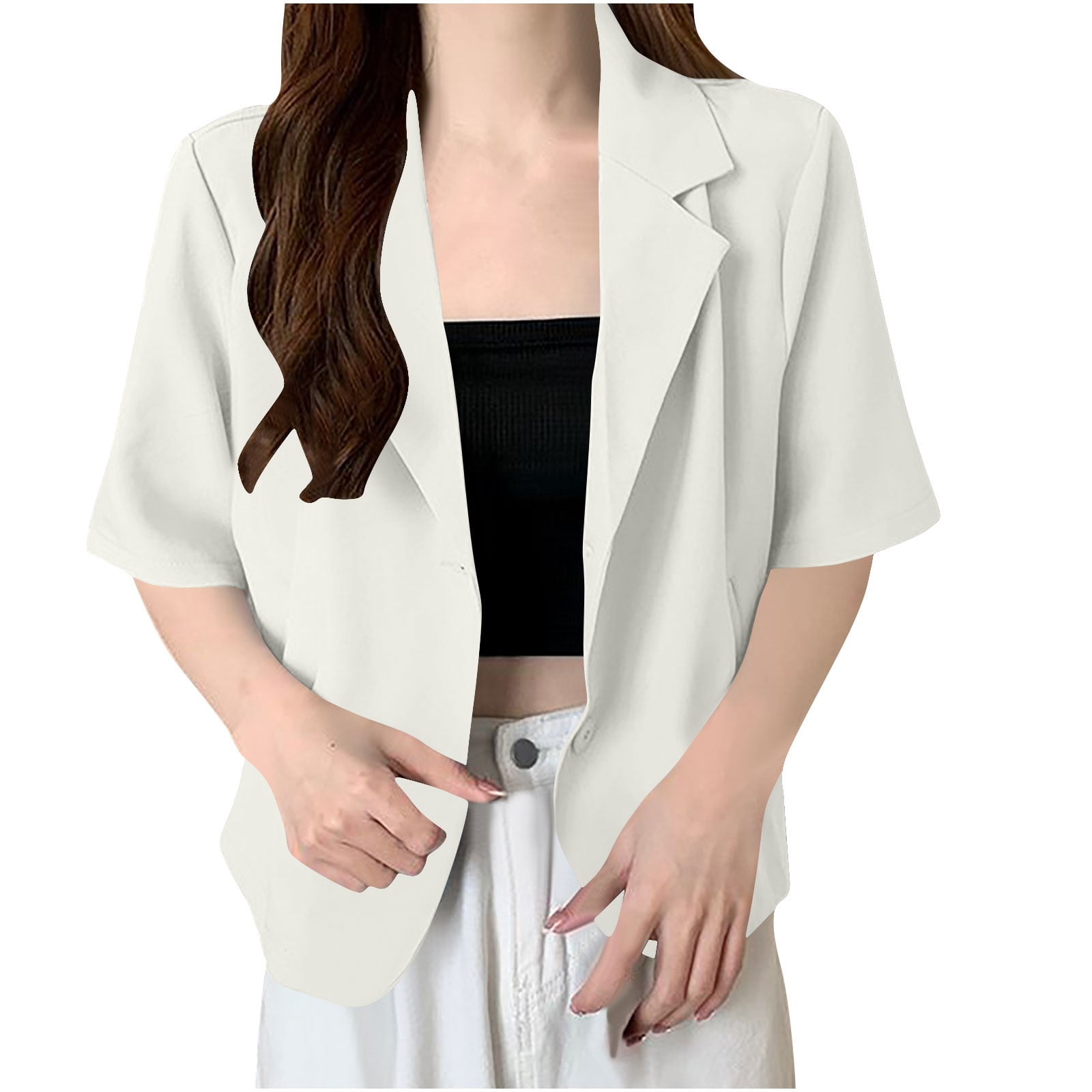 Gfyviroh Women's Short Sleeve Blazer Lightweight Lapel Button Front ...