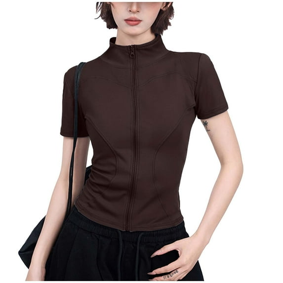 Gfyviroh Womens Workout Tops Stand Collar Zip Front Slimming T-shirts ...