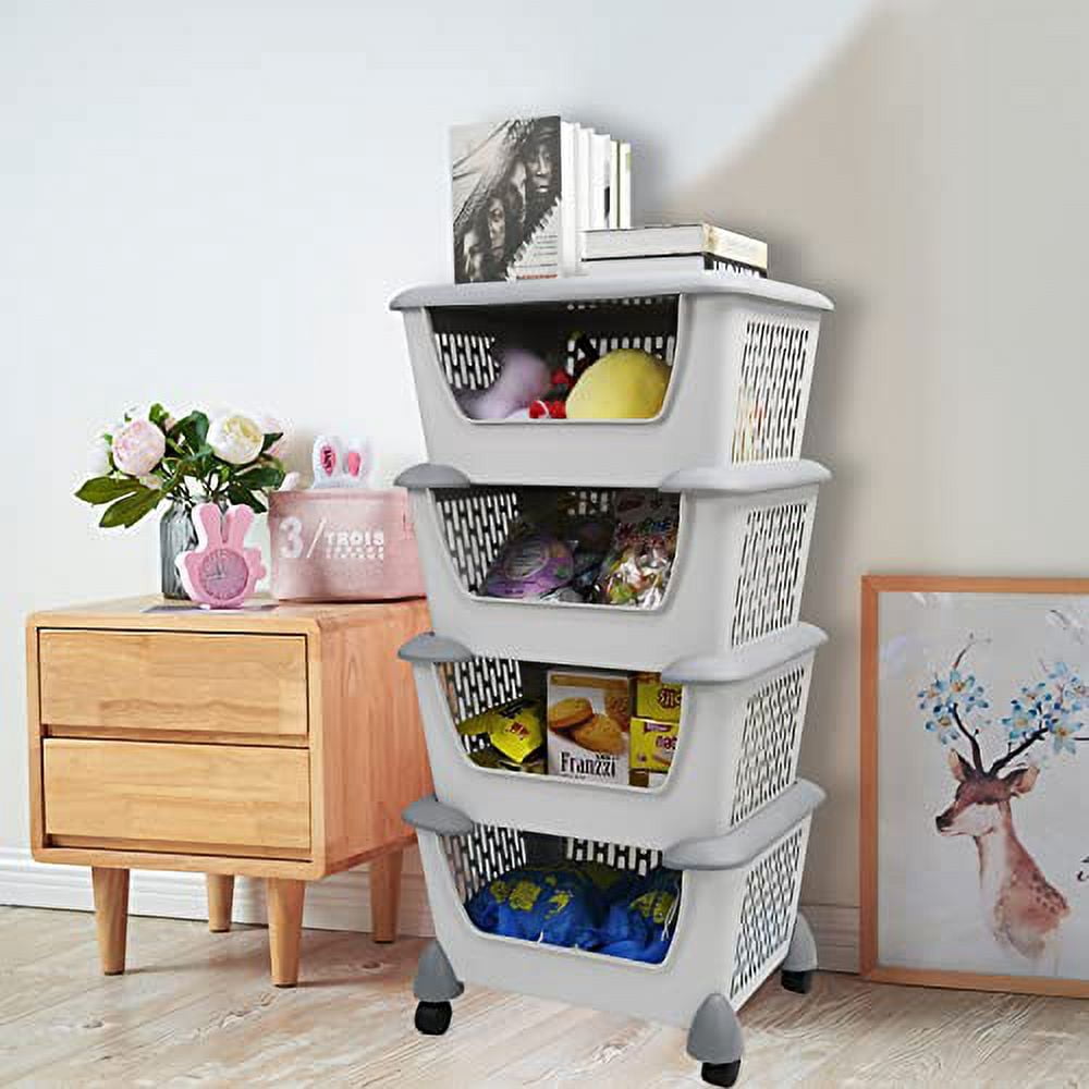 Ggbin 4-Tier Storage Basket Cart with Rolling Wheels, Plastic Stacking ...